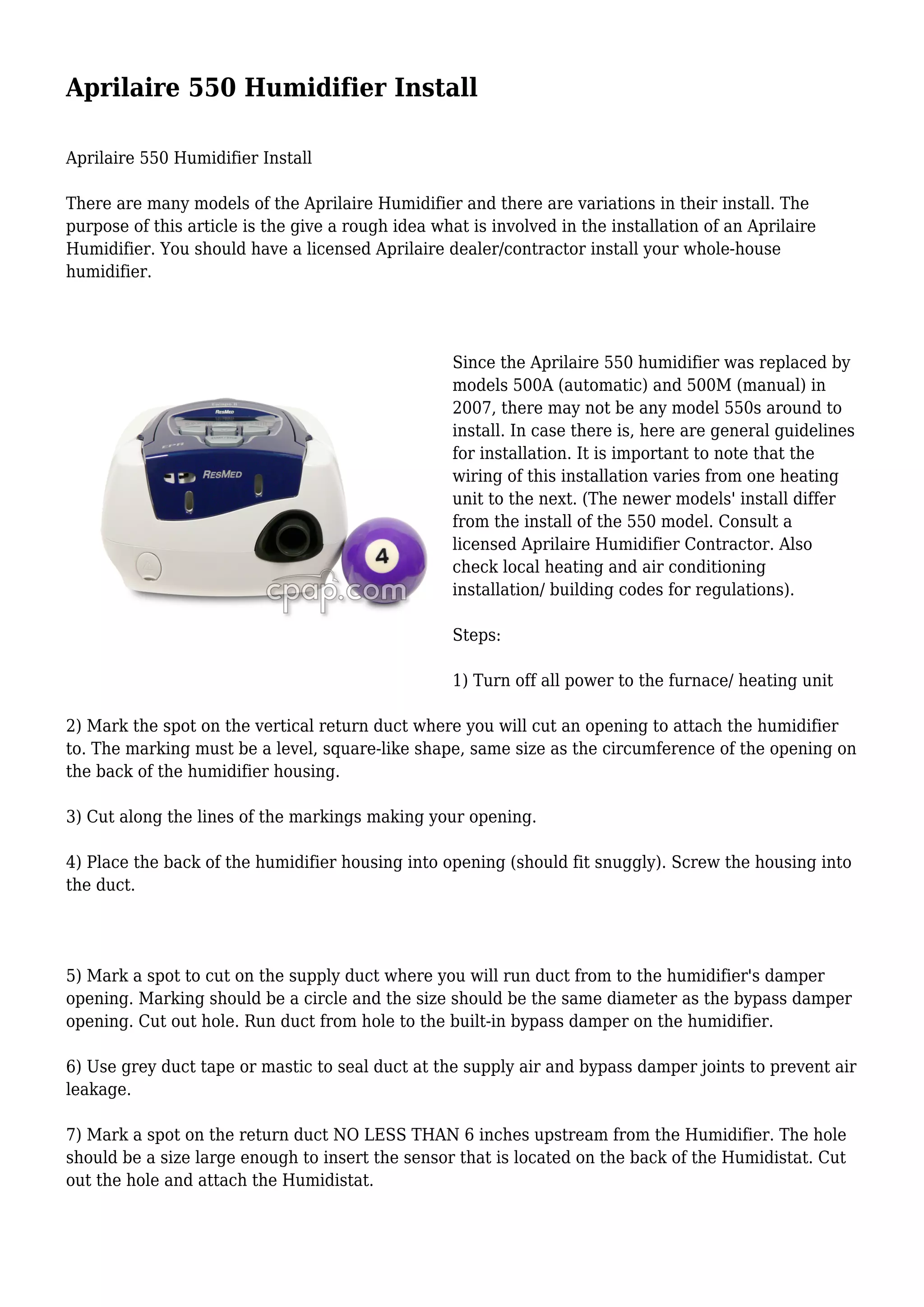 Aprilaire 550 Humidifier Install | PDF