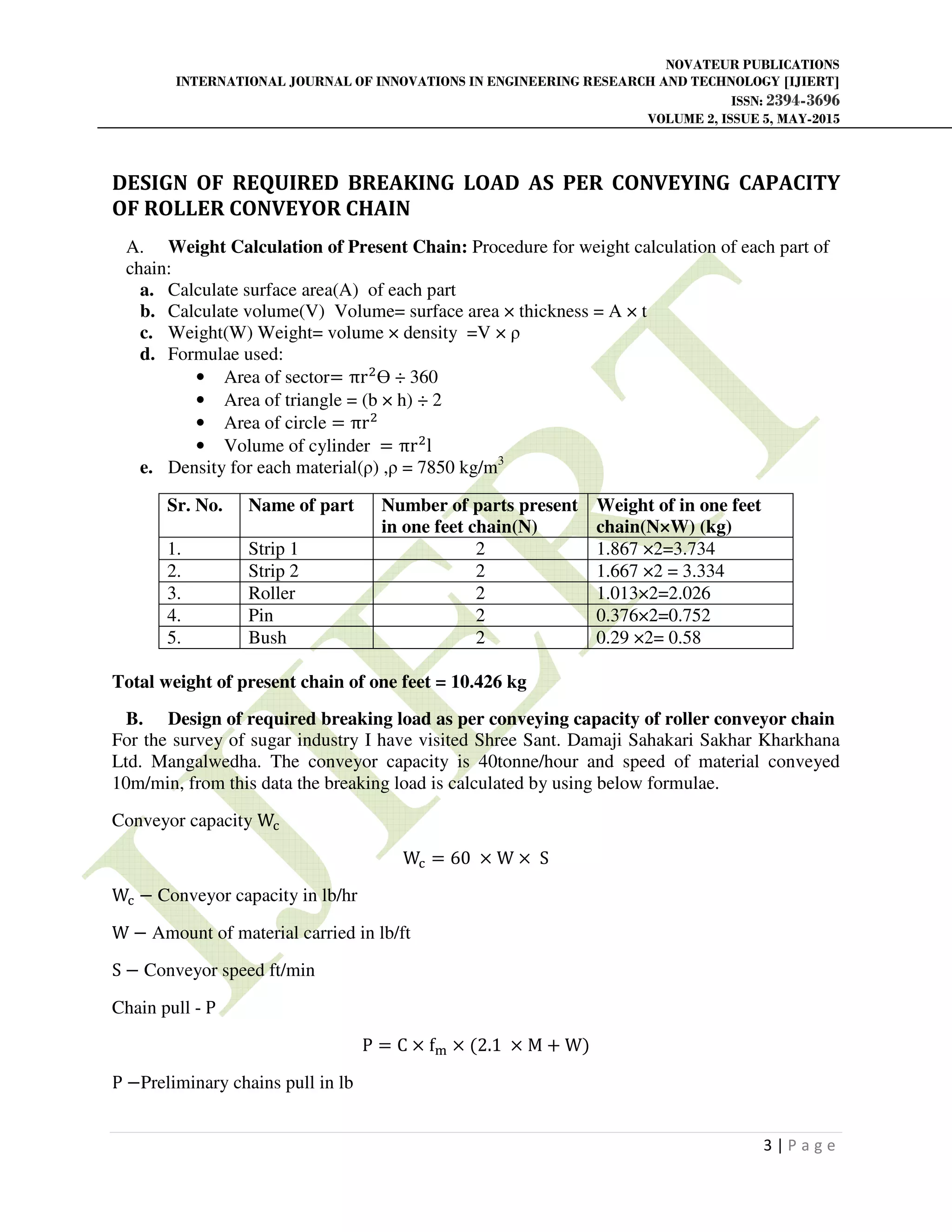 DESIGN OF CANE CARRIER ROLLER CONVEYOR CHAIN OF 150MM PITCH AND TESTING ...