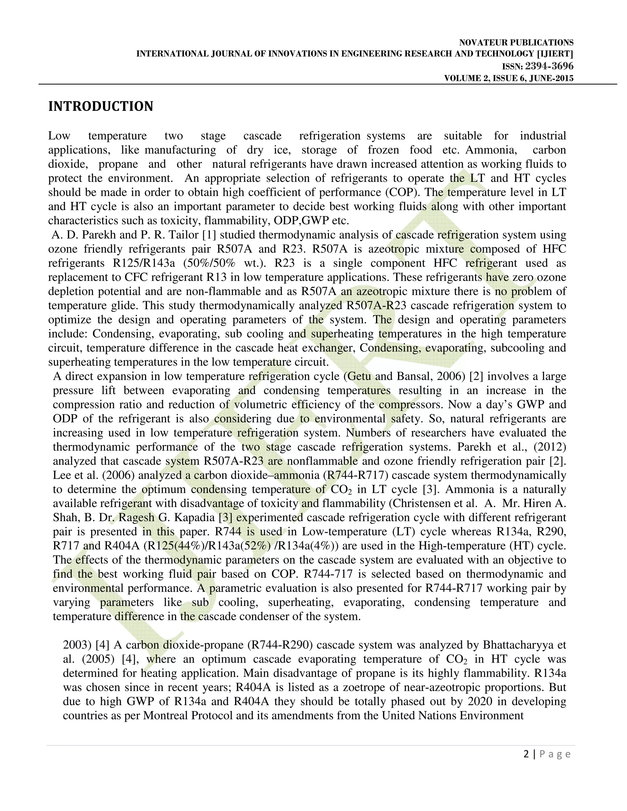 REVIEW OF CASCADE REFRIGERATION SYSTEM WITH DIFFERENT REFRIGERANT PAIRS ...