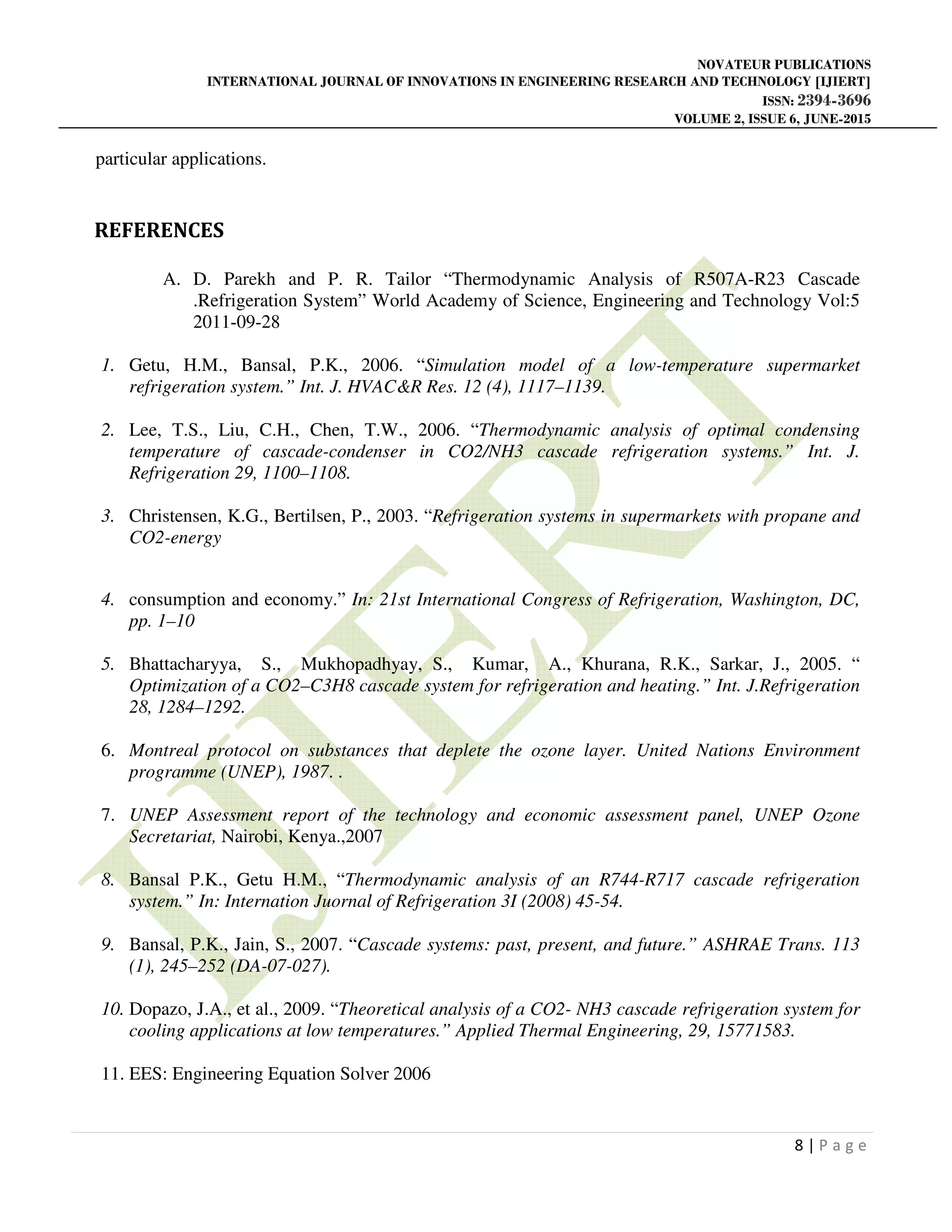 REVIEW OF CASCADE REFRIGERATION SYSTEM WITH DIFFERENT REFRIGERANT PAIRS ...