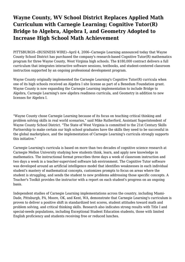 Wayne County, WV School District Replaces Applied Math Curriculum with ...