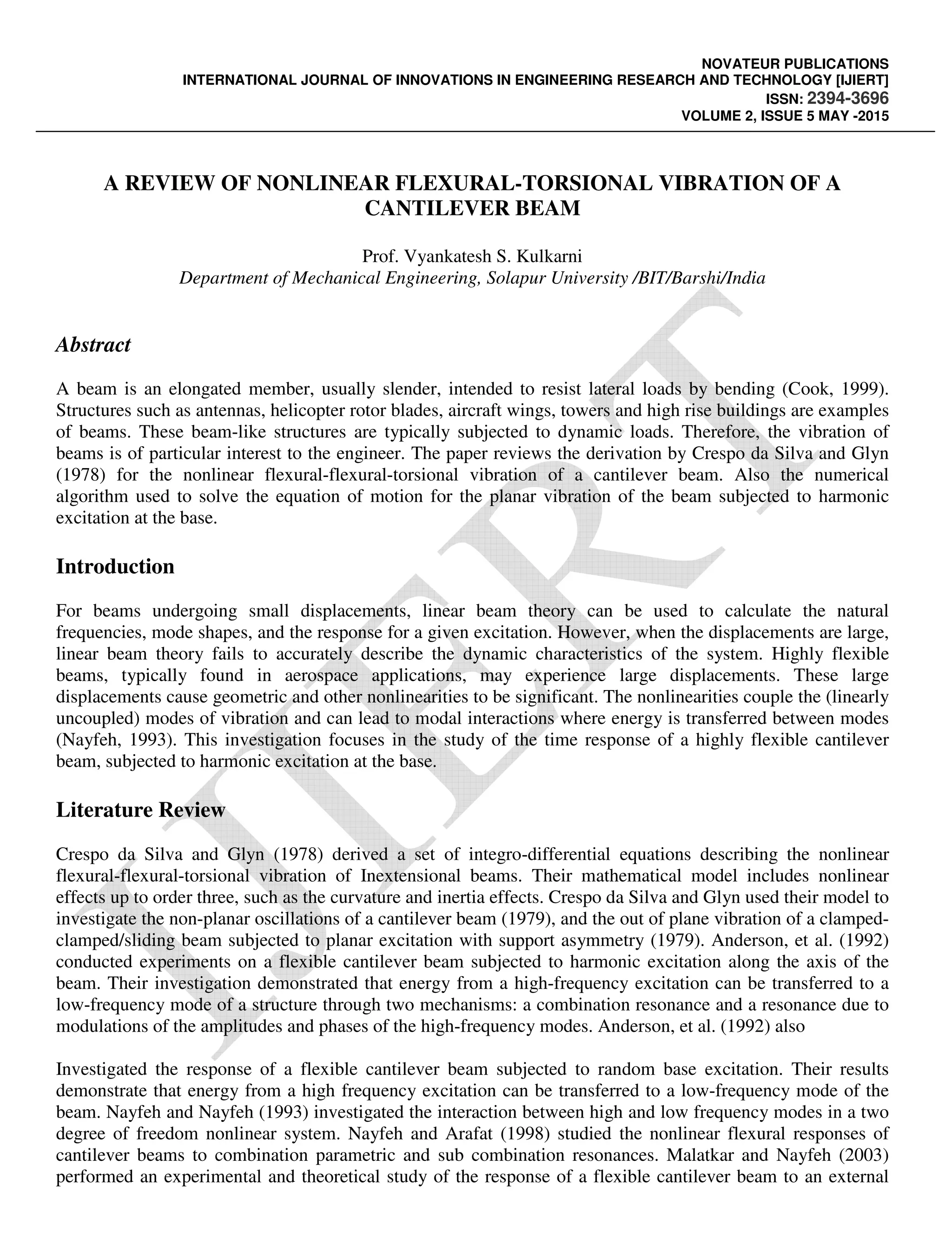 A REVIEW OF NONLINEAR FLEXURAL-TORSIONAL VIBRATION OF A CANTILEVER BEAM ...