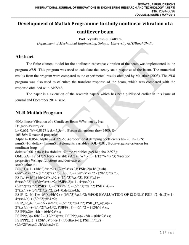 Development of Matlab Programme to study nonlinear vibration of a cantilever beam | PDF ...