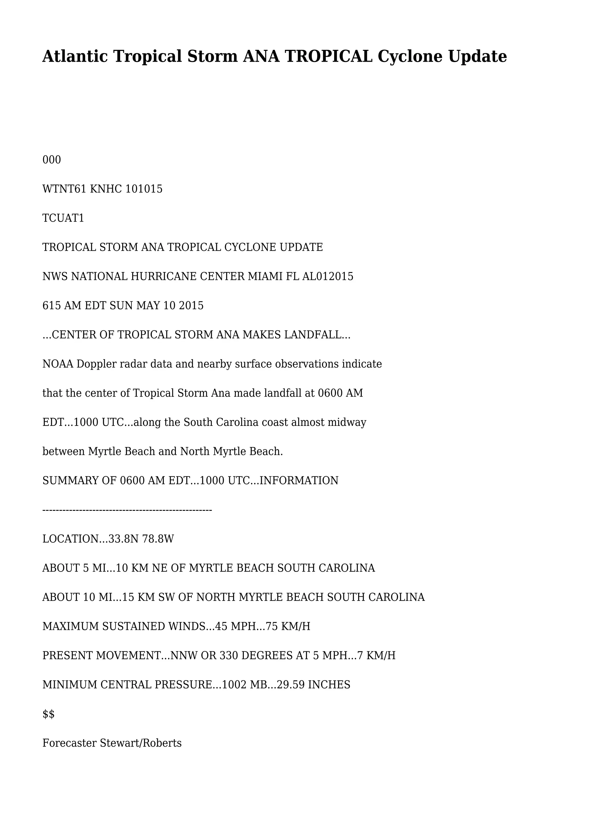 Atlantic Tropical Storm ANA TROPICAL Cyclone Update | PDF