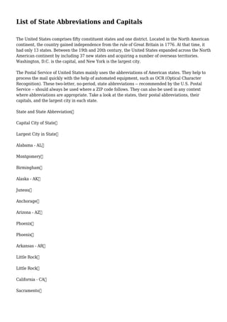 List of State Abbreviations and Capitals | PDF | North America Travel ...