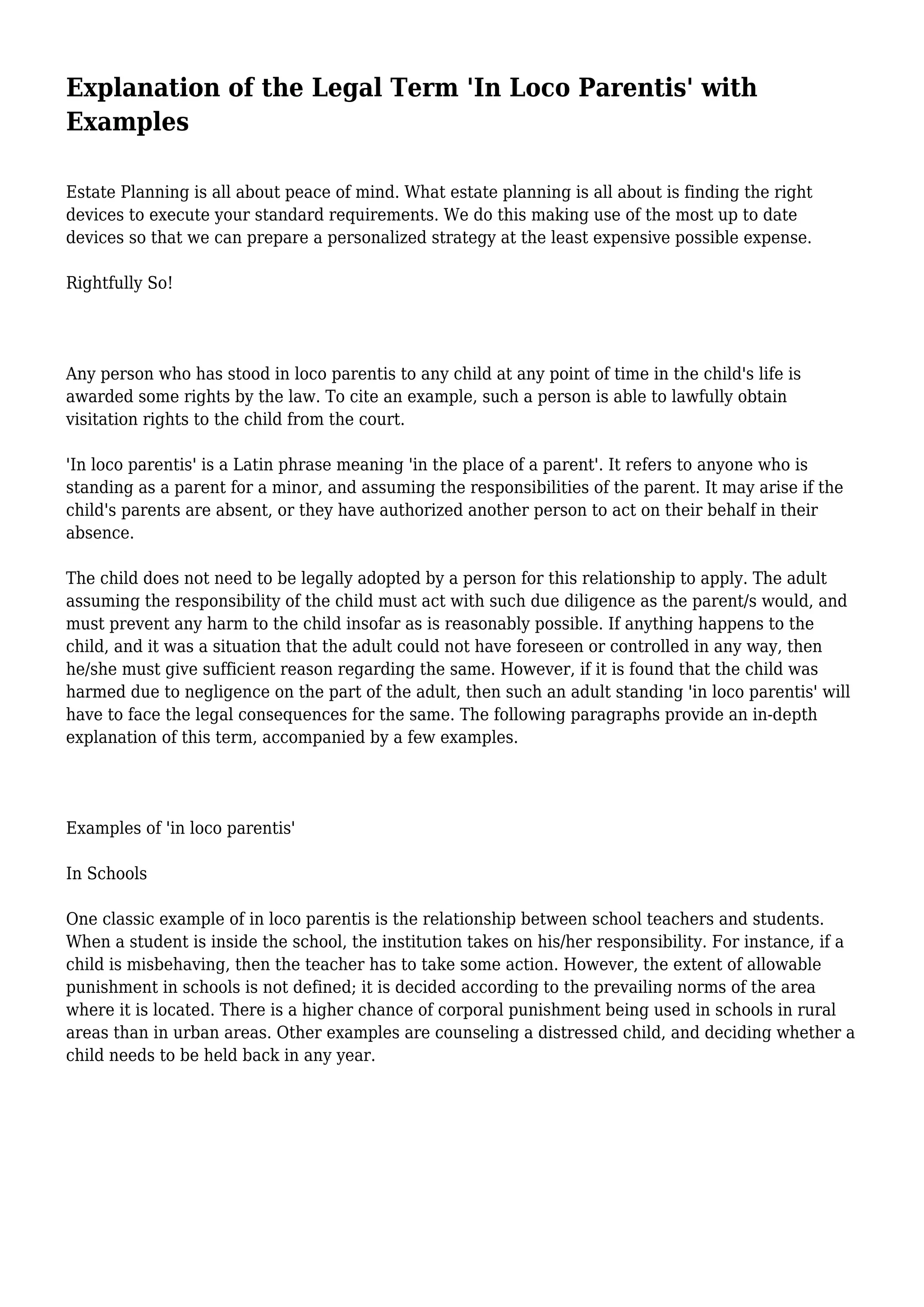 Explanation of the Legal Term 'In Loco Parentis' with Examples | PDF