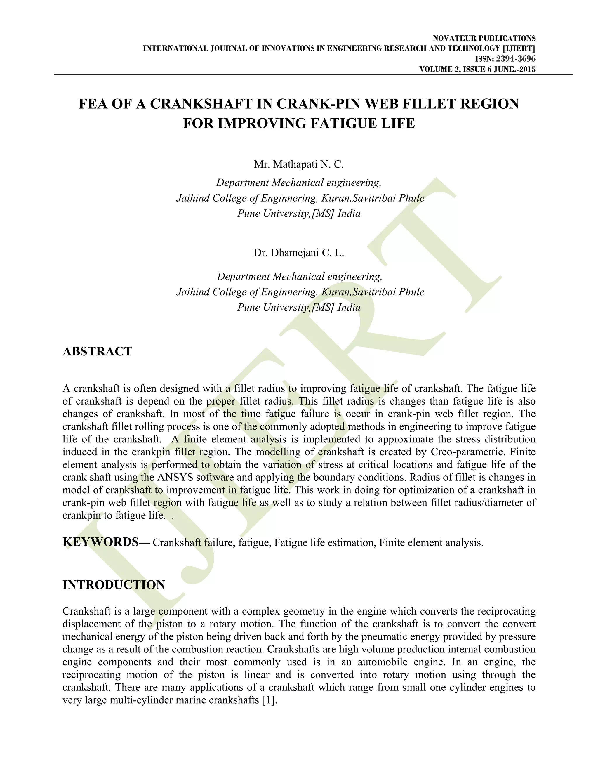 FEA OF A CRANKSHAFT IN CRANK-PIN WEB FILLET REGION FOR IMPROVING ...
