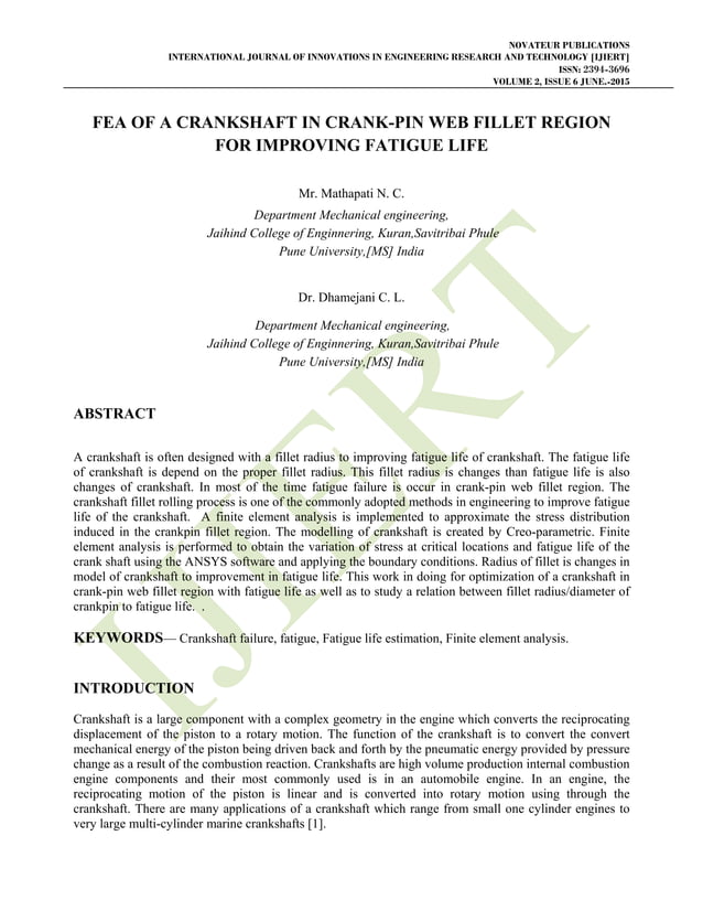 FEA OF A CRANKSHAFT IN CRANK-PIN WEB FILLET REGION FOR IMPROVING ...