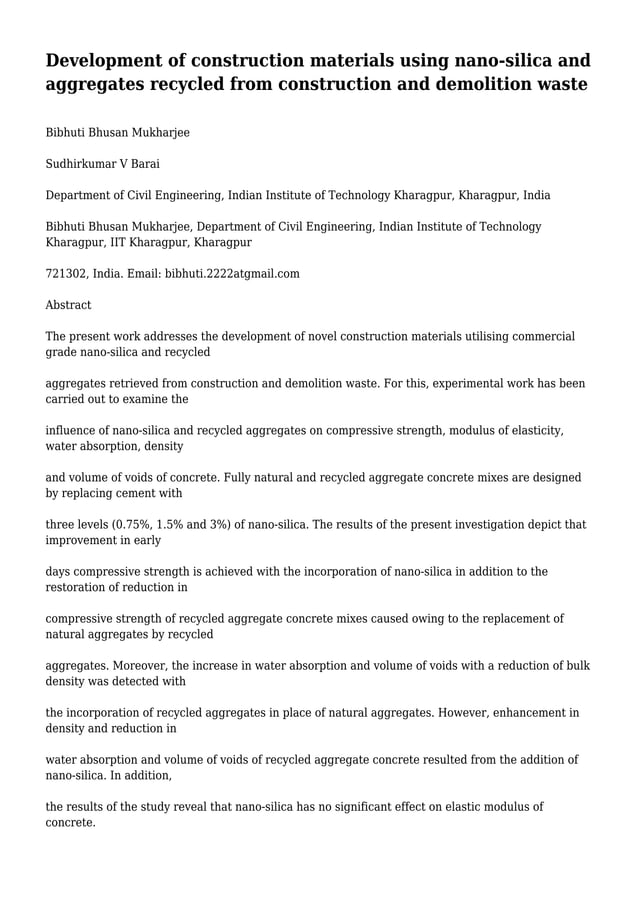 Development of construction materials using nano-silica and aggregates ...