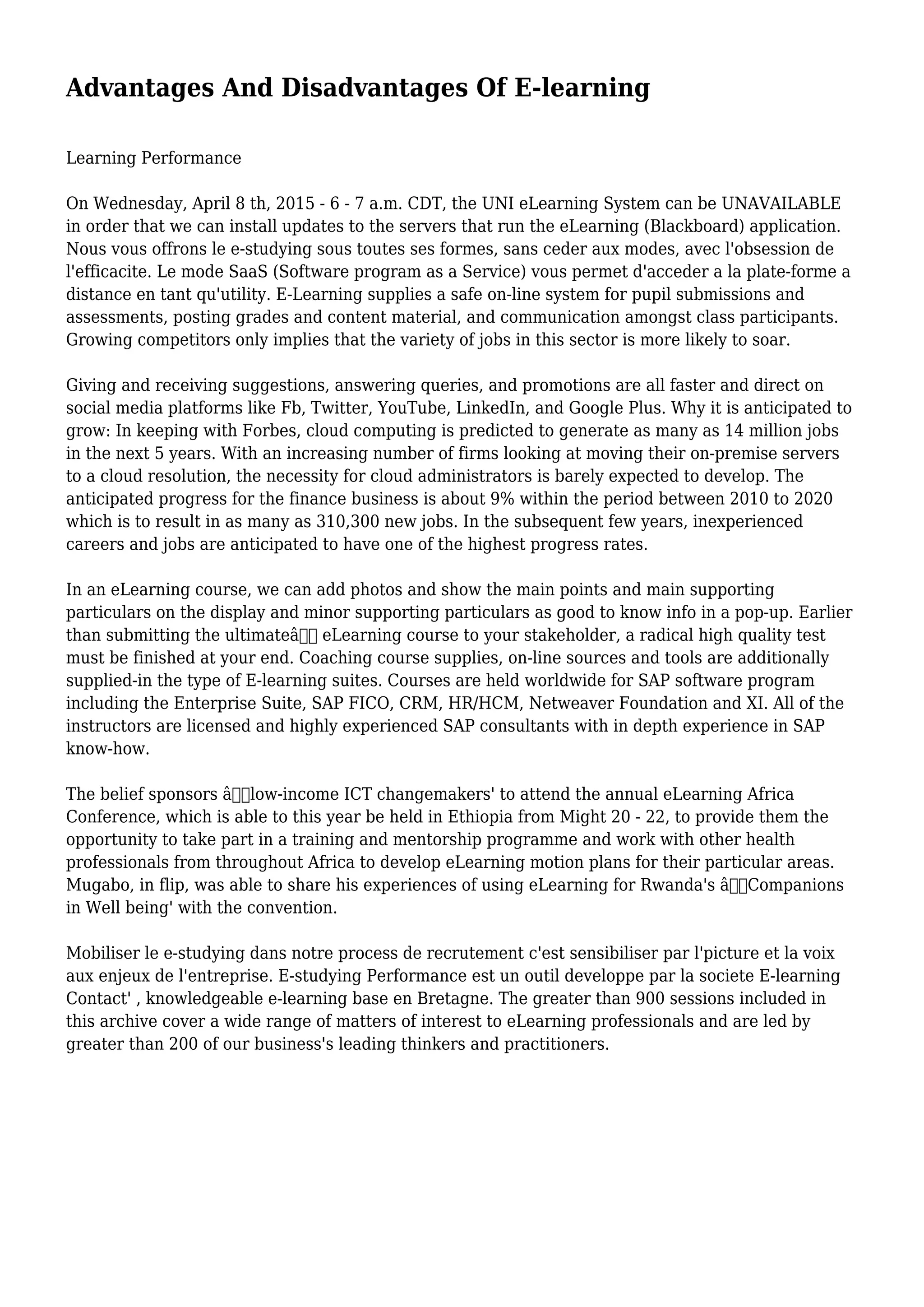 Advantages And Disadvantages Of E-learning | PDF