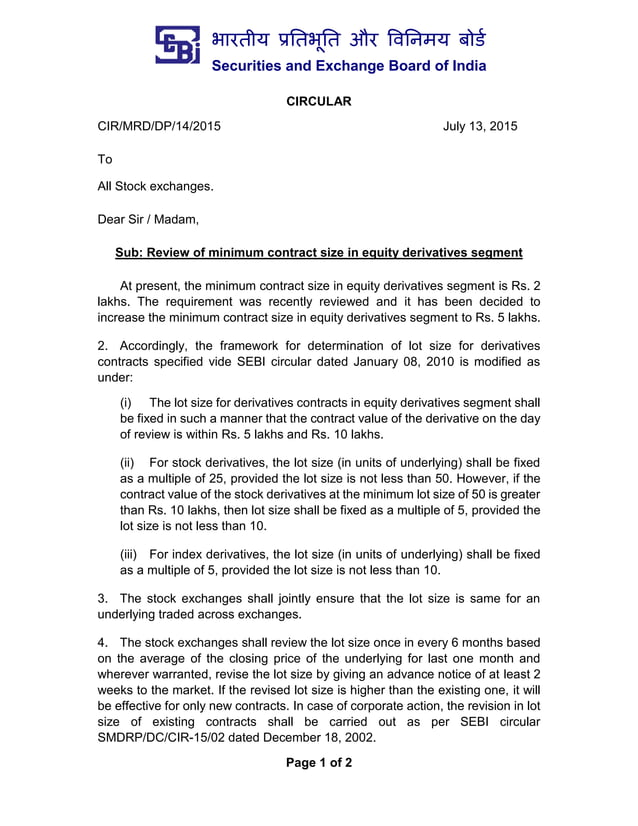 SEBI Note Increasing Lot Sizes | PDF