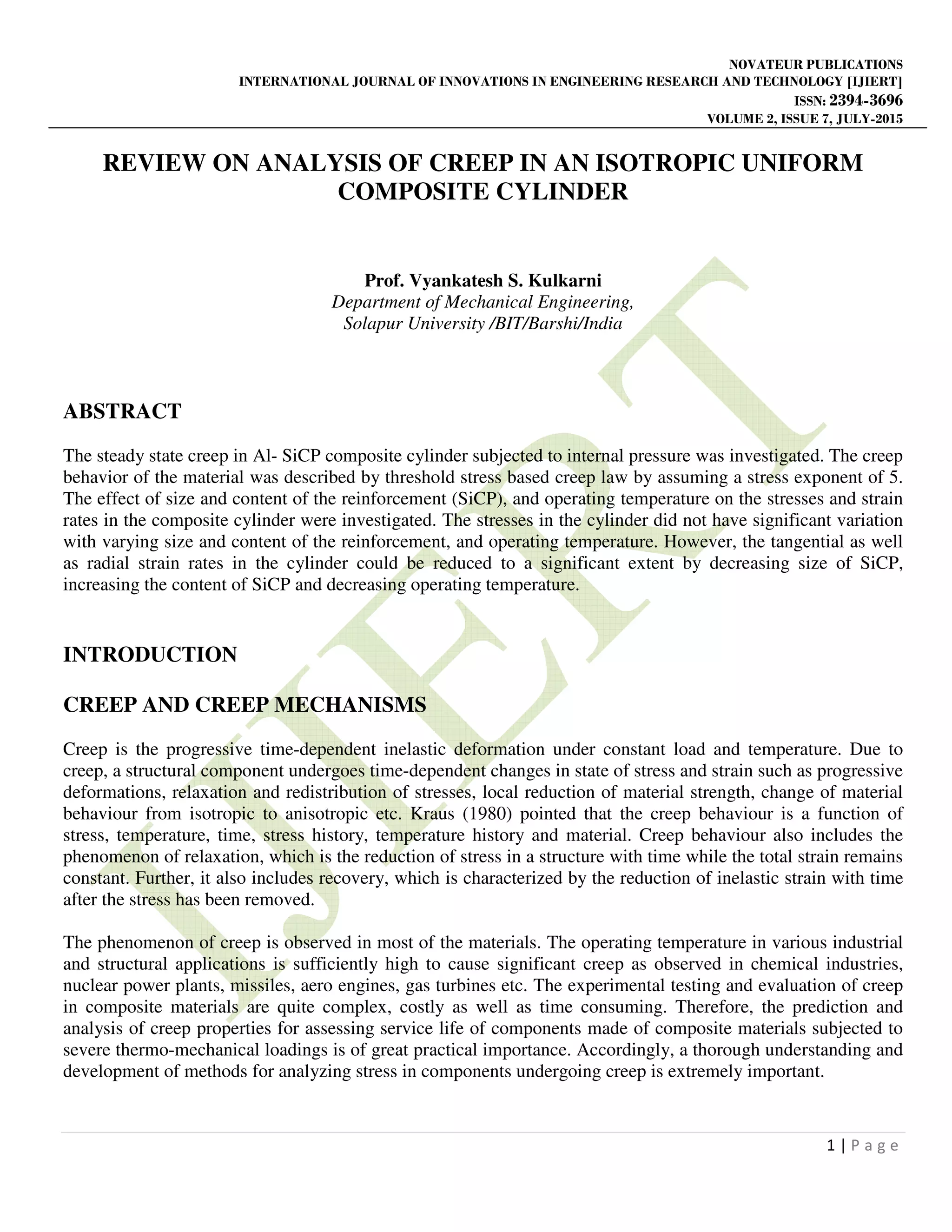 REVIEW ON ANALYSIS OF CREEP IN AN ISOTROPIC UNIFORM COMPOSITE CYLINDER ...