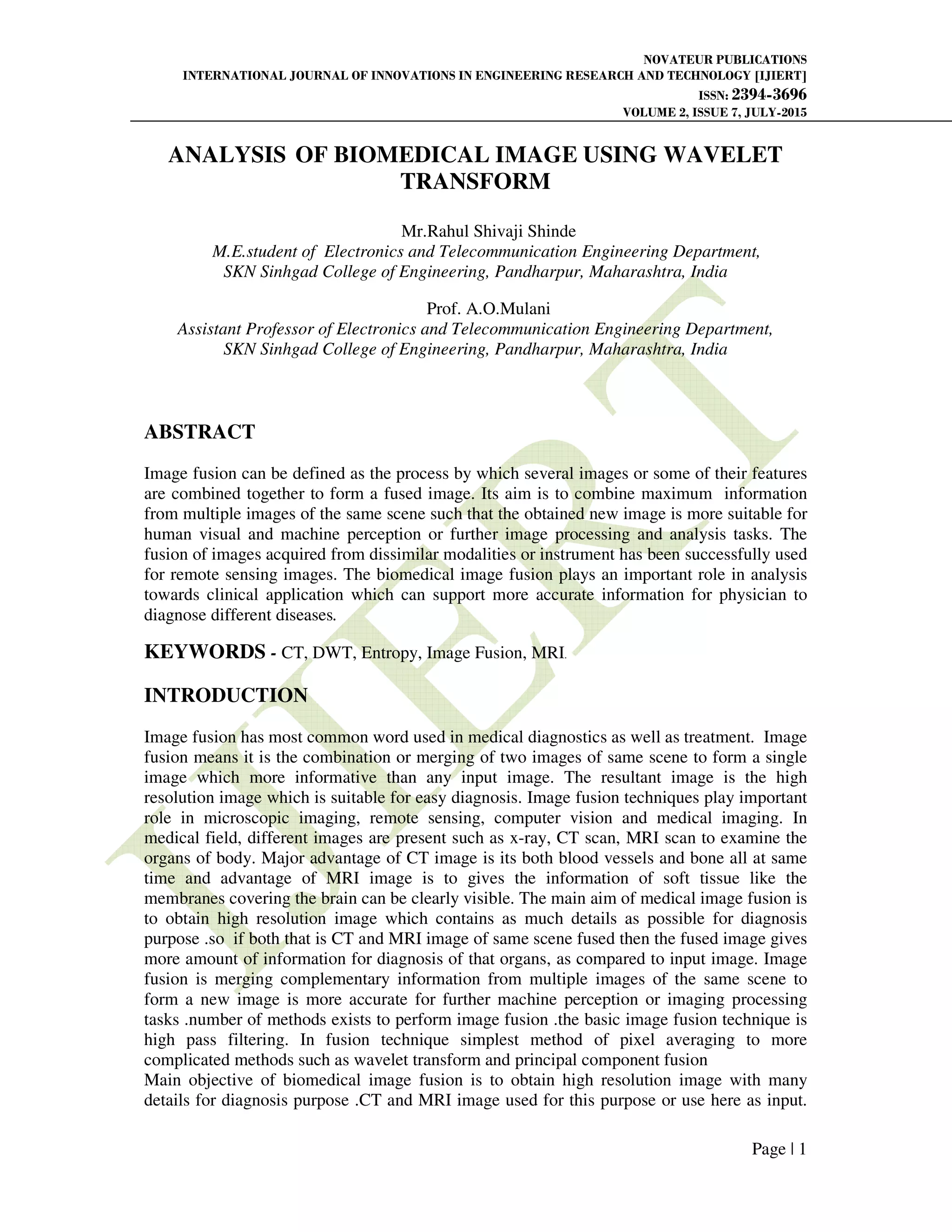 ANALYSIS OF BIOMEDICAL IMAGE USING WAVELET TRANSFORM | PDF