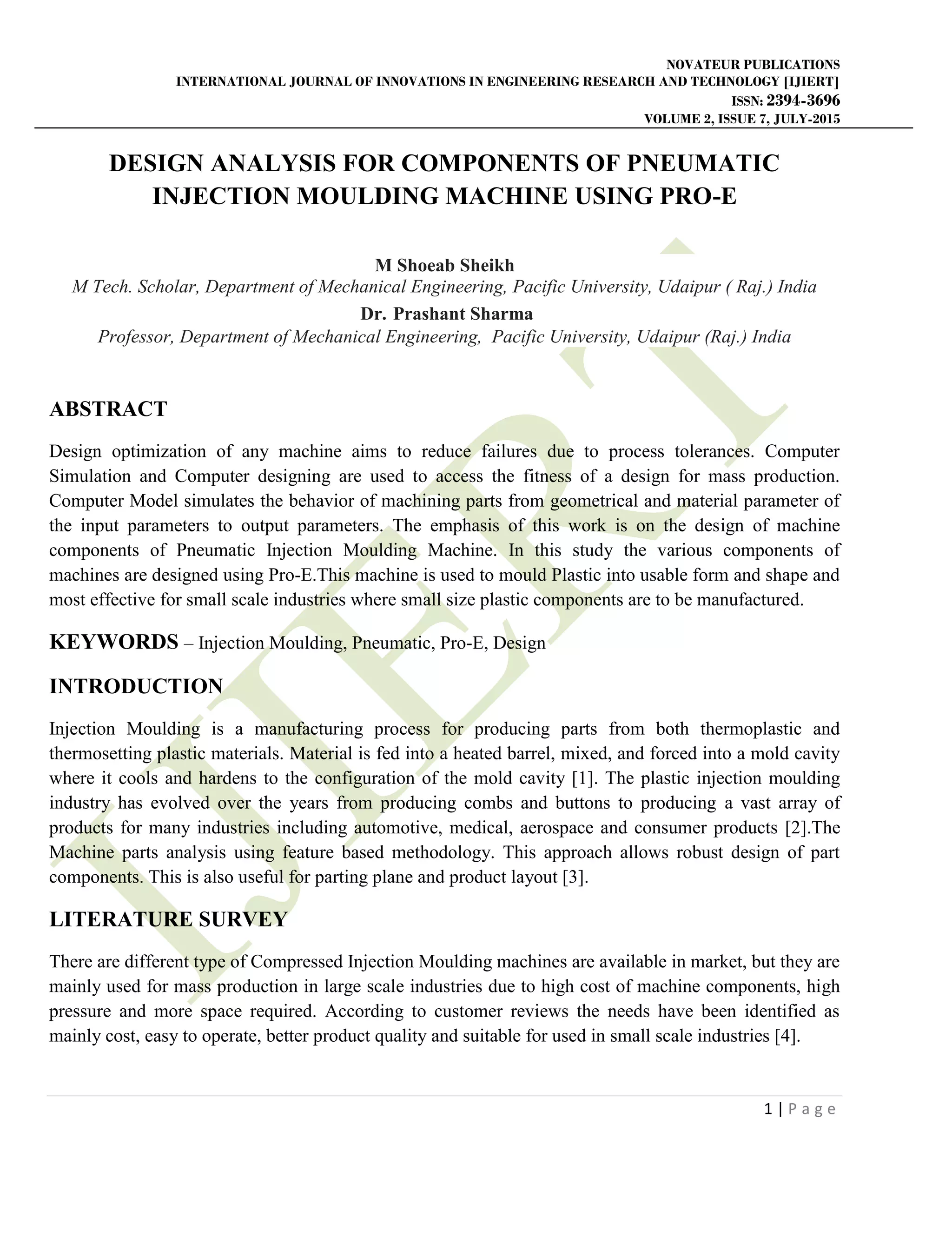 DESIGN ANALYSIS FOR COMPONENTS OF PNEUMATIC INJECTION MOULDING MACHINE USING PRO-E | PDF