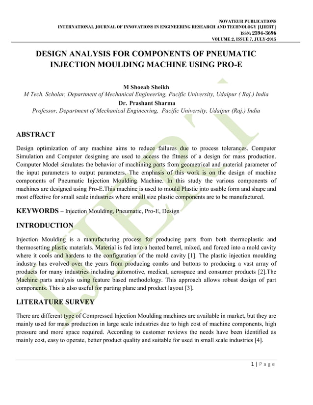 DESIGN ANALYSIS FOR COMPONENTS OF PNEUMATIC INJECTION MOULDING MACHINE USING PRO-E | PDF ...