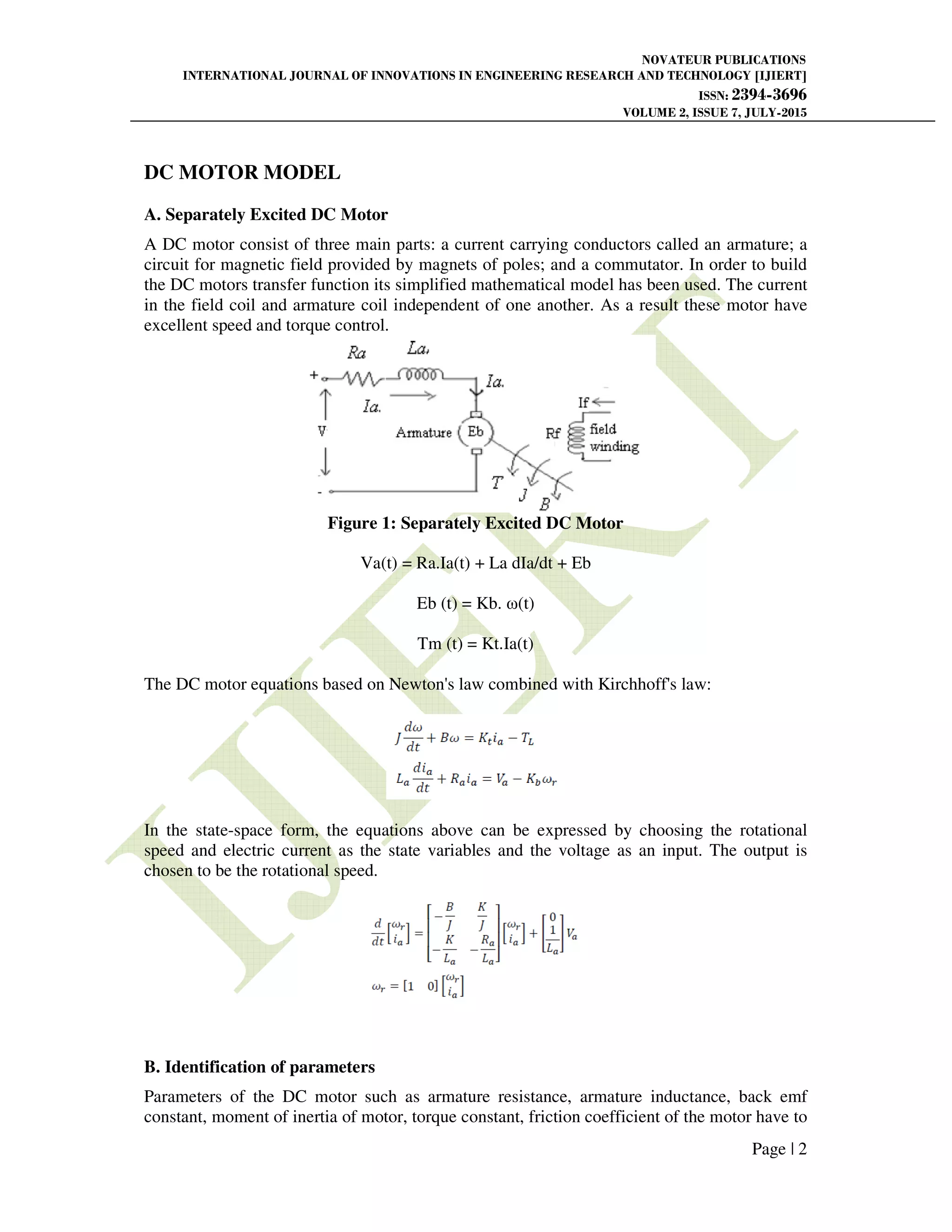 PARAMETER IDENTIFICATION AND MODELLING OF SEPARATELY EXCITED DC MOTOR | PDF