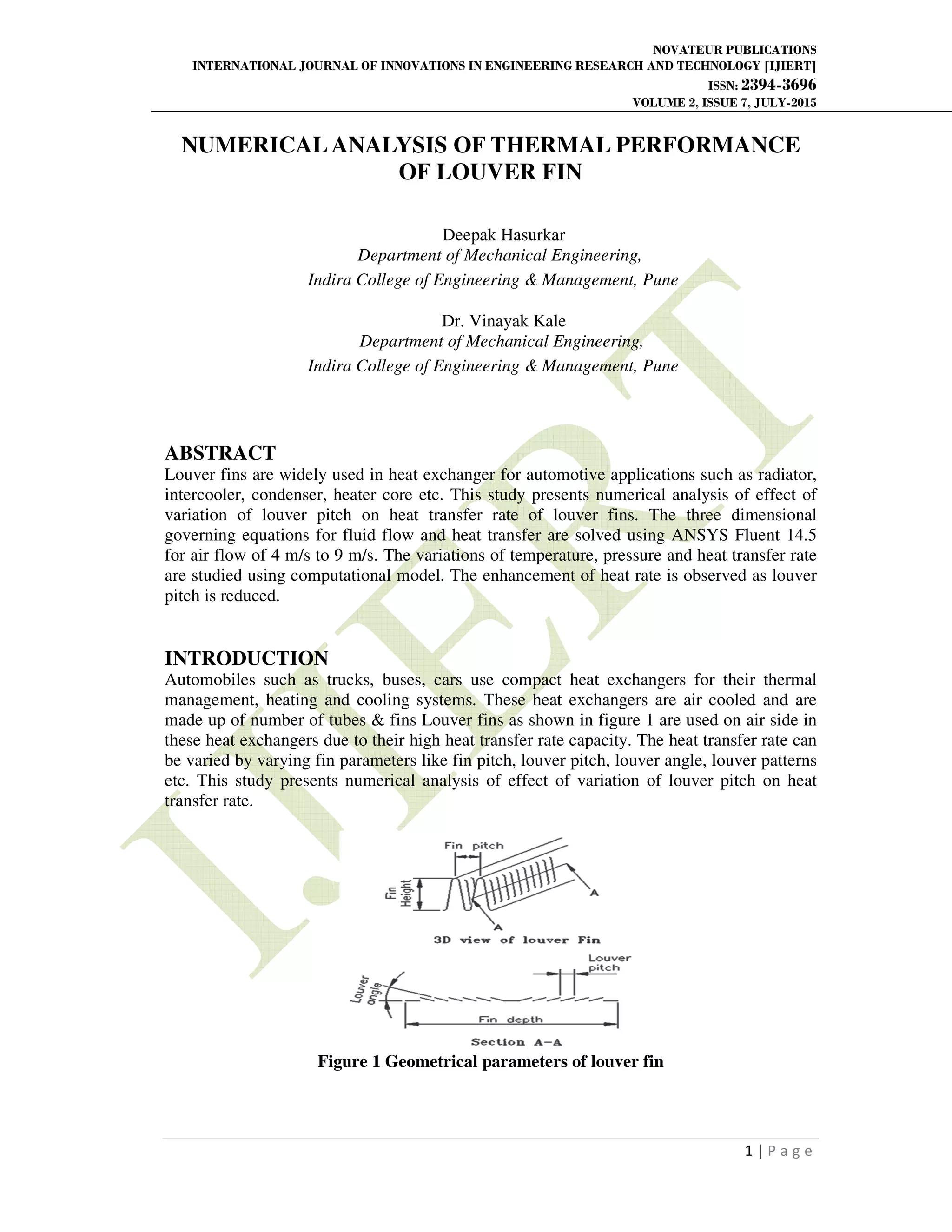 NUMERICAL ANALYSIS OF THERMAL PERFORMANCE OF LOUVER FIN | PDF