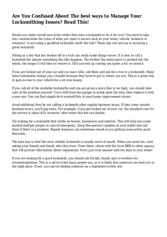 Are You Confused About The best ways to Manage Your Locksmithing Issues ...