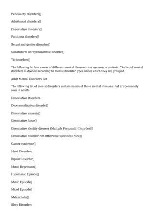 Mental Disorders List | PDF