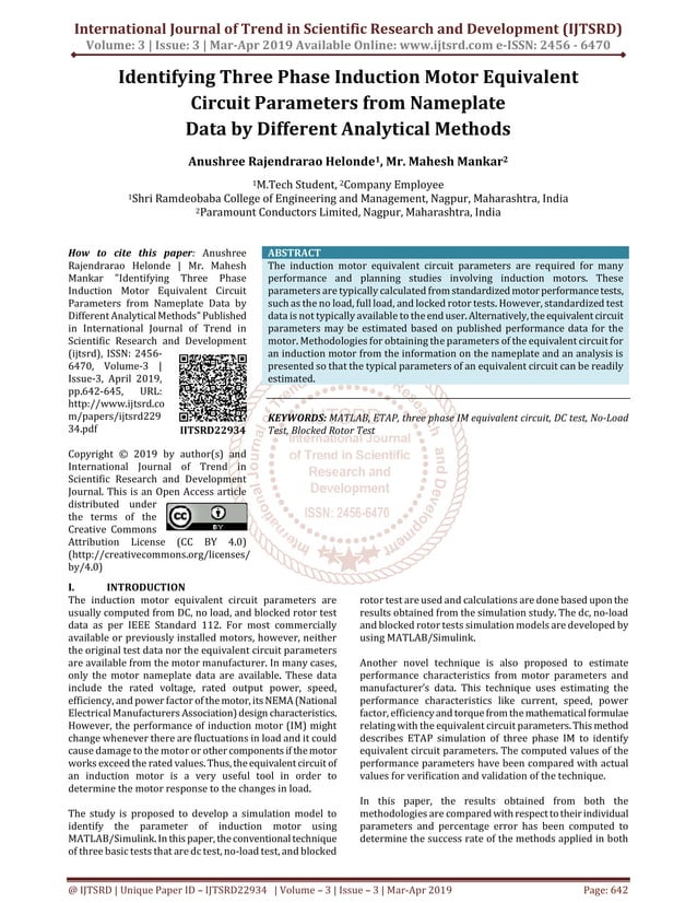 Identifying Three Phase Induction Motor Equivalent Circuit Parameters from Nameplate Data by ...