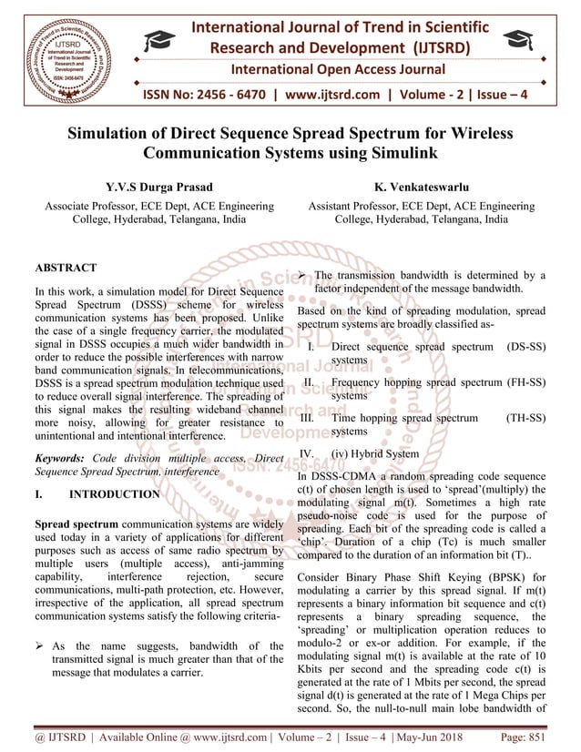 Simulation Of Direct Sequence Spread Spectrum For Wireless