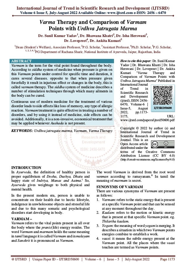 Varma Therapy and Comparison of Varmam Points with Urdhva Jatrugata ...