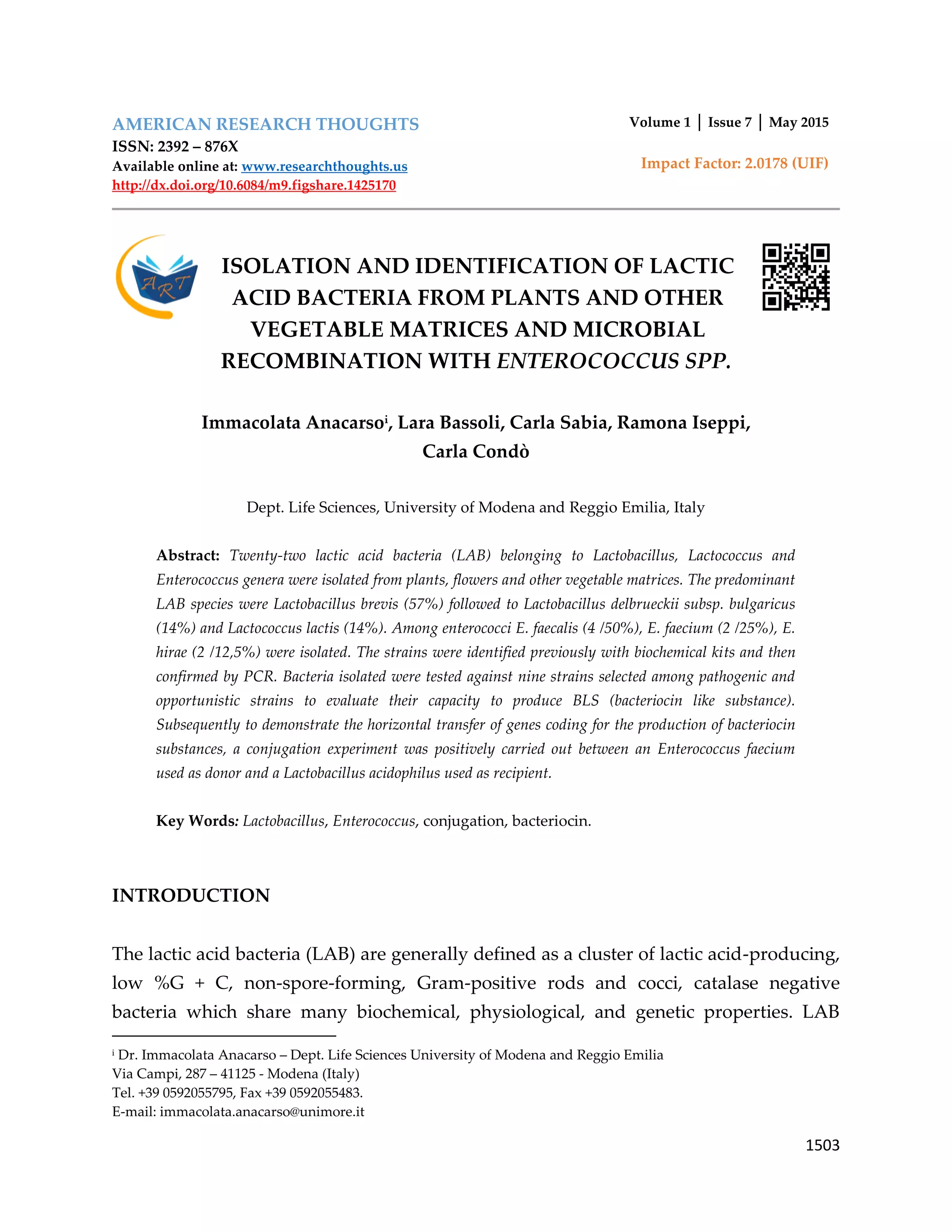 ISOLATION AND IDENTIFICATION OF LACTIC ACID BACTERIA FROM PLANTS AND OTHER VEGETABLE MATRICES ...