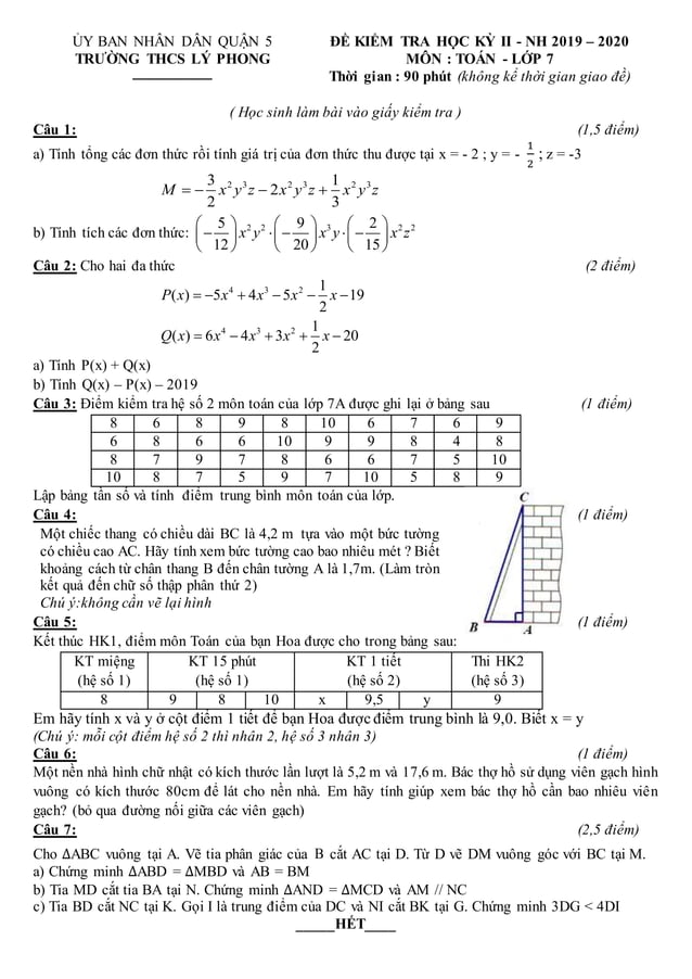 Đề Thi HK2 Toán 7 - THCS Lý Phong | PDF