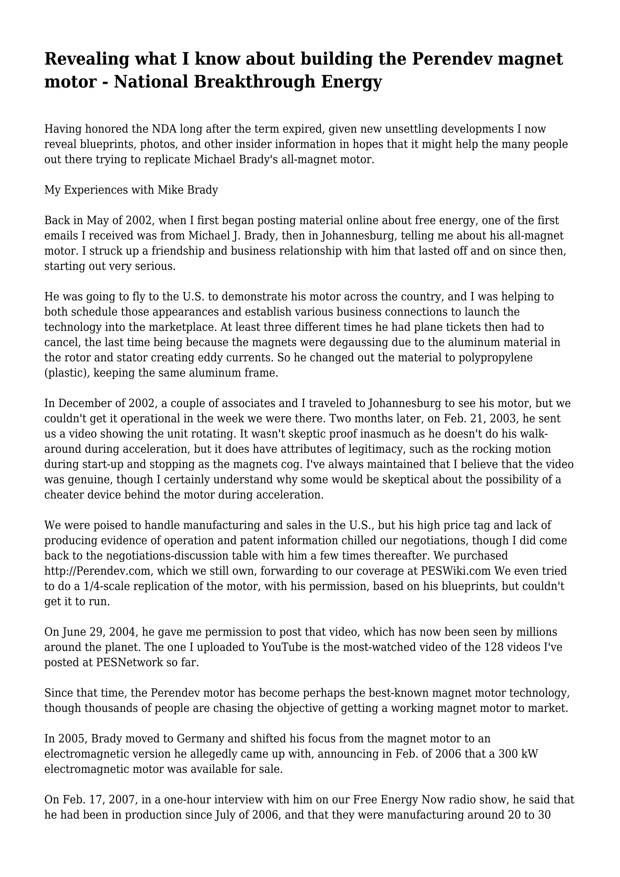 Revealing what I know about building the Perendev magnet motor ...