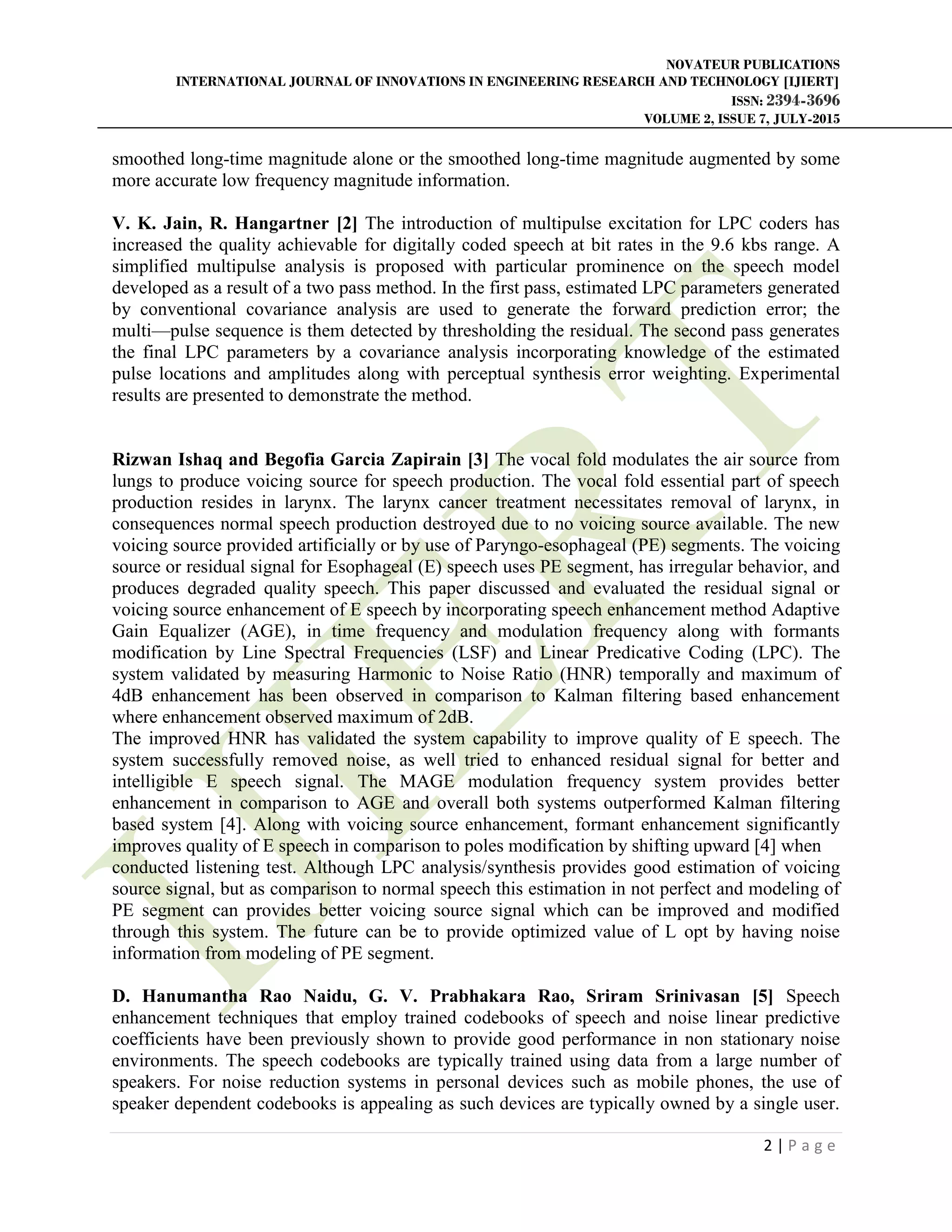LPC Models and Different Speech Enhancement Techniques- A Review | PDF