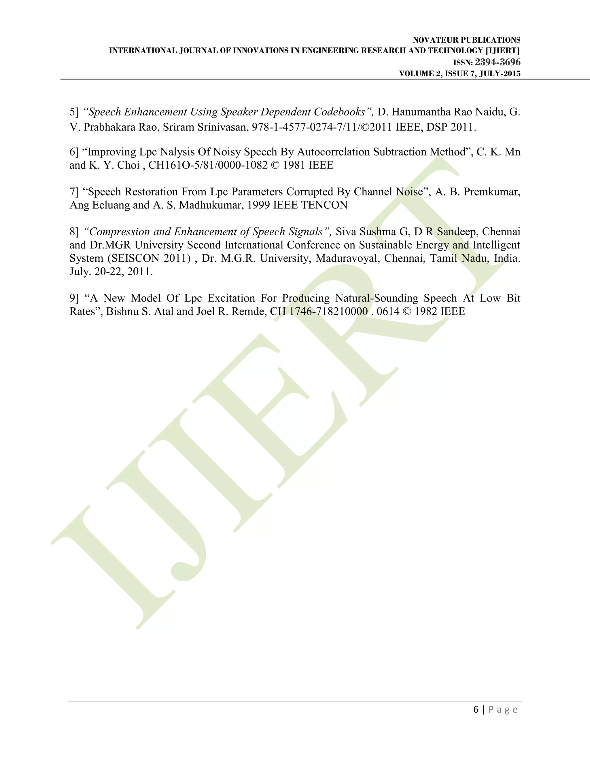 LPC Models and Different Speech Enhancement Techniques- A Review | PDF