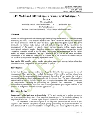 LPC Models and Different Speech Enhancement Techniques- A Review | PDF