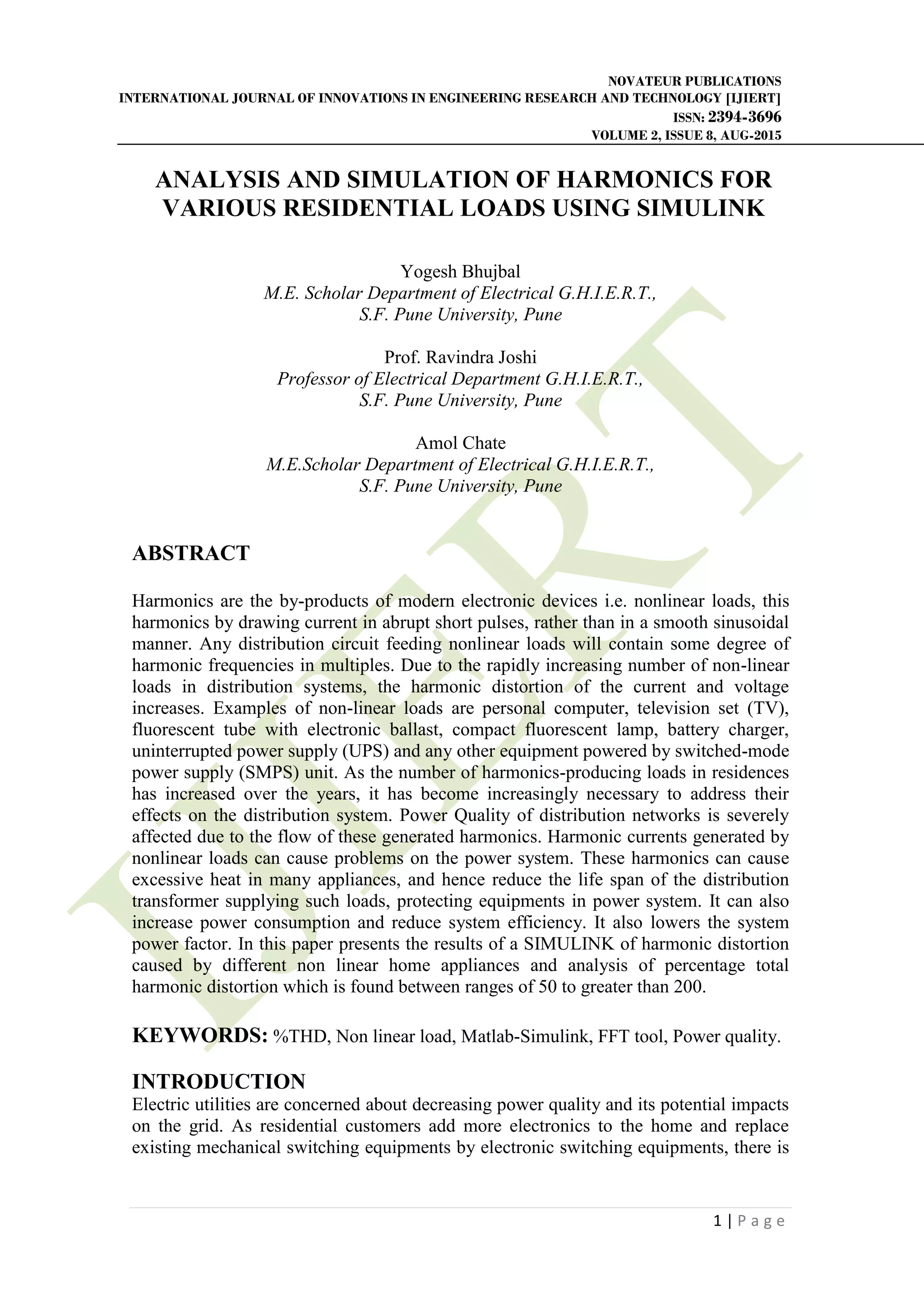 ANALYSIS AND SIMULATION OF HARMONICS FOR VARIOUS RESIDENTIAL LOADS USING SIMULINK | PDF