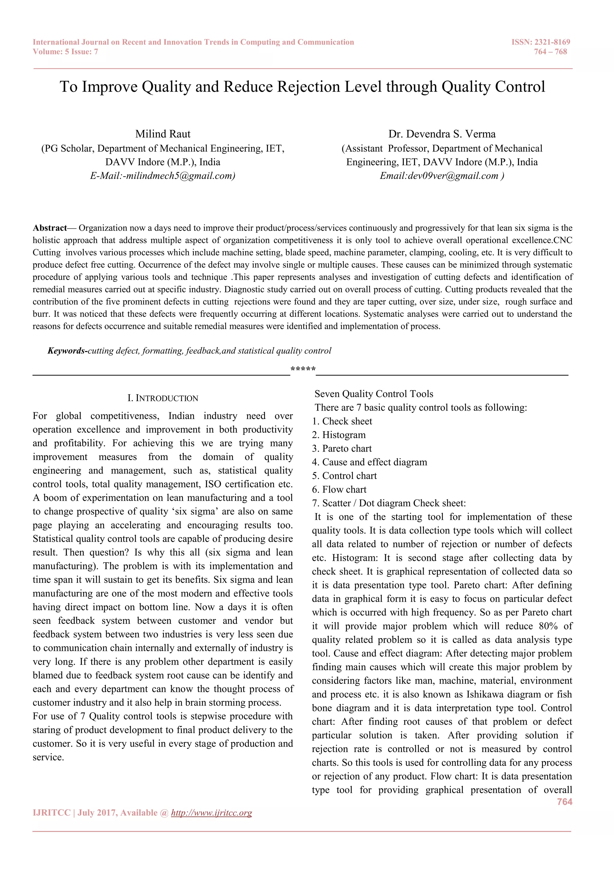 To Improve Quality and Reduce Rejection Level through Quality Control | PDF