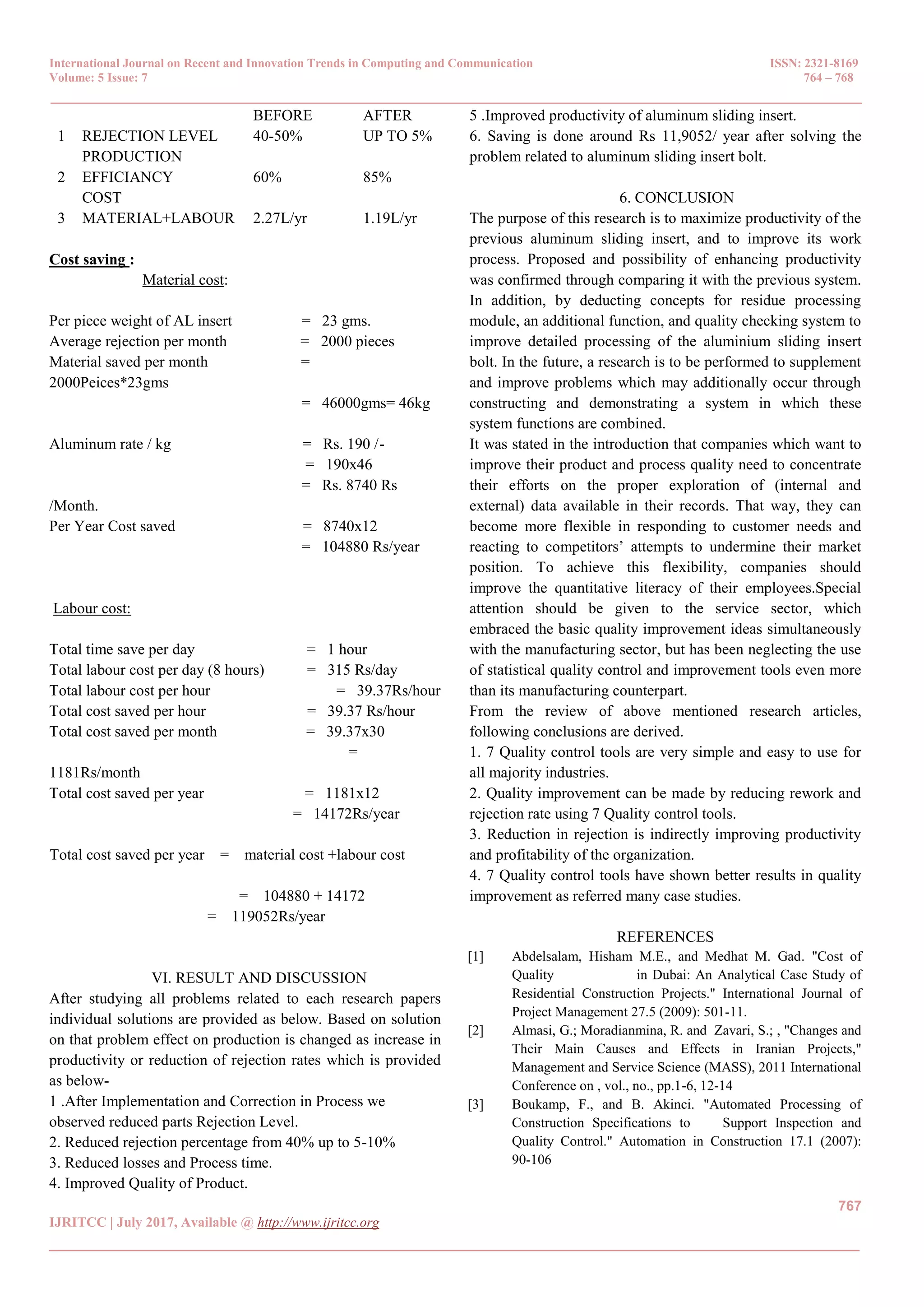 To Improve Quality and Reduce Rejection Level through Quality Control | PDF