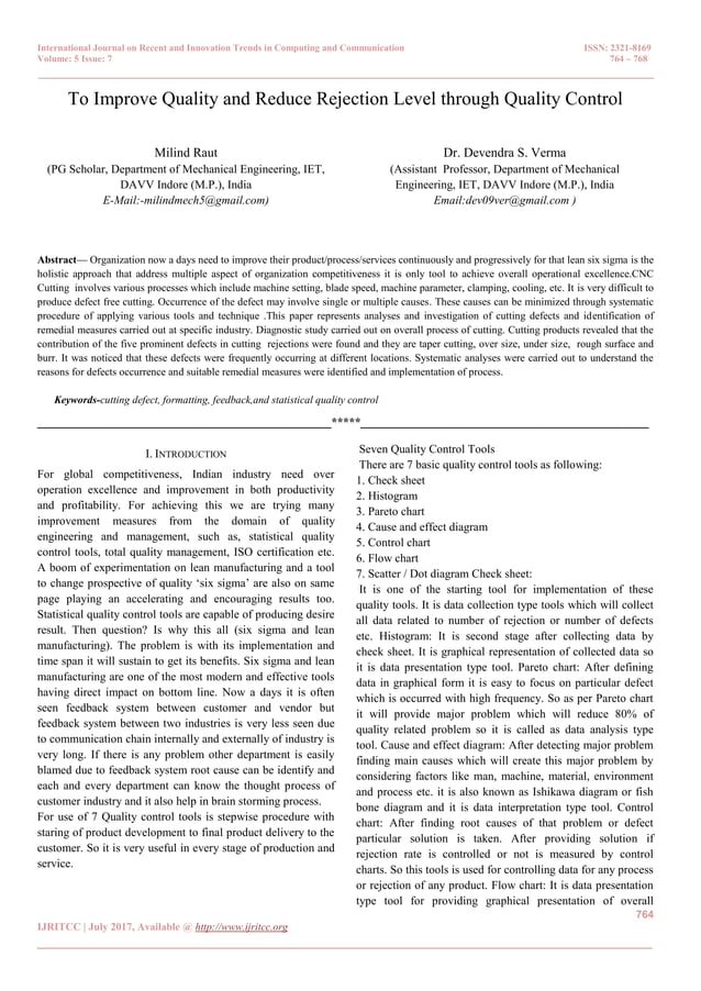 To Improve Quality and Reduce Rejection Level through Quality Control | PDF