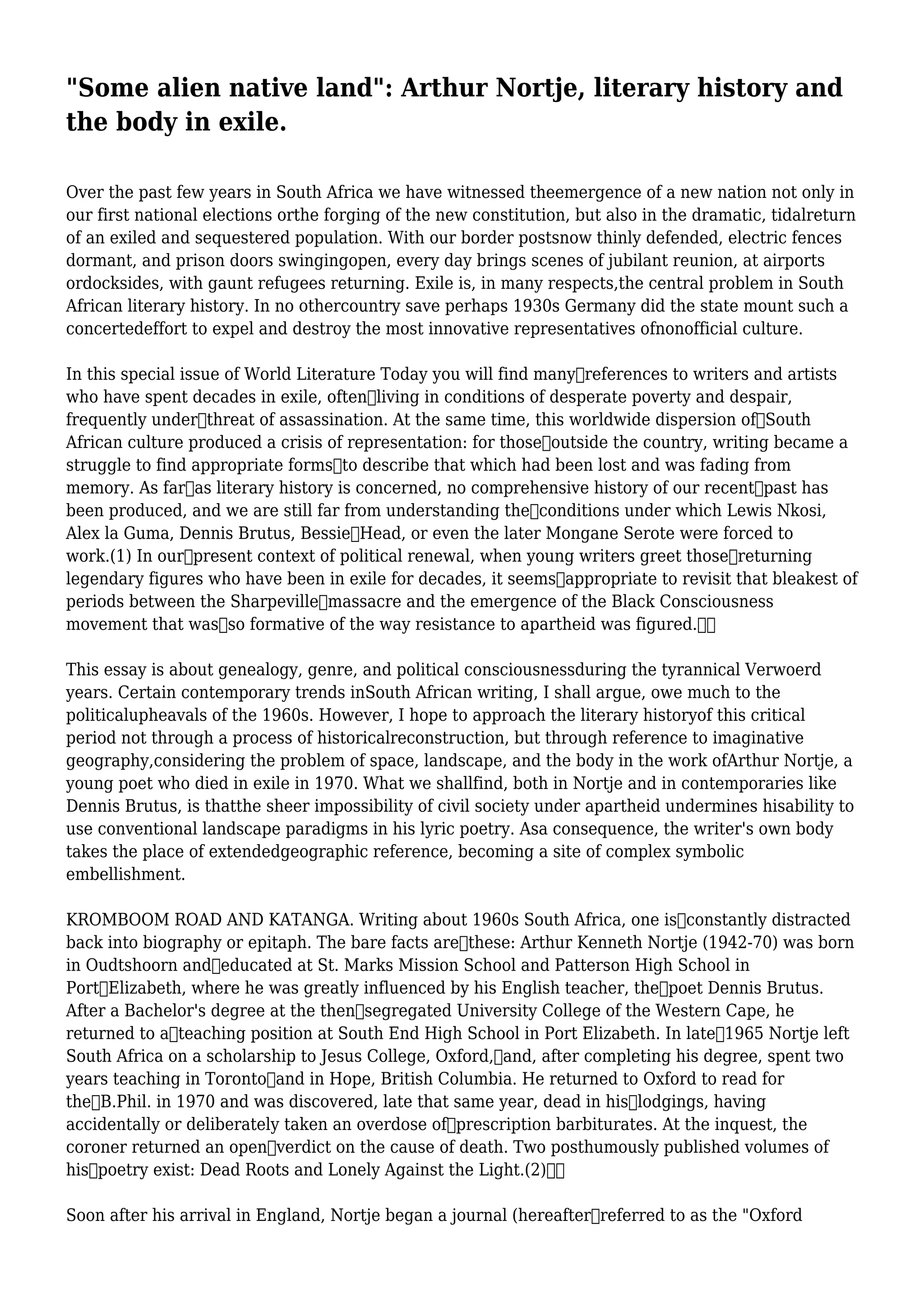 "Some alien native land": Arthur Nortje, literary history and the body ...