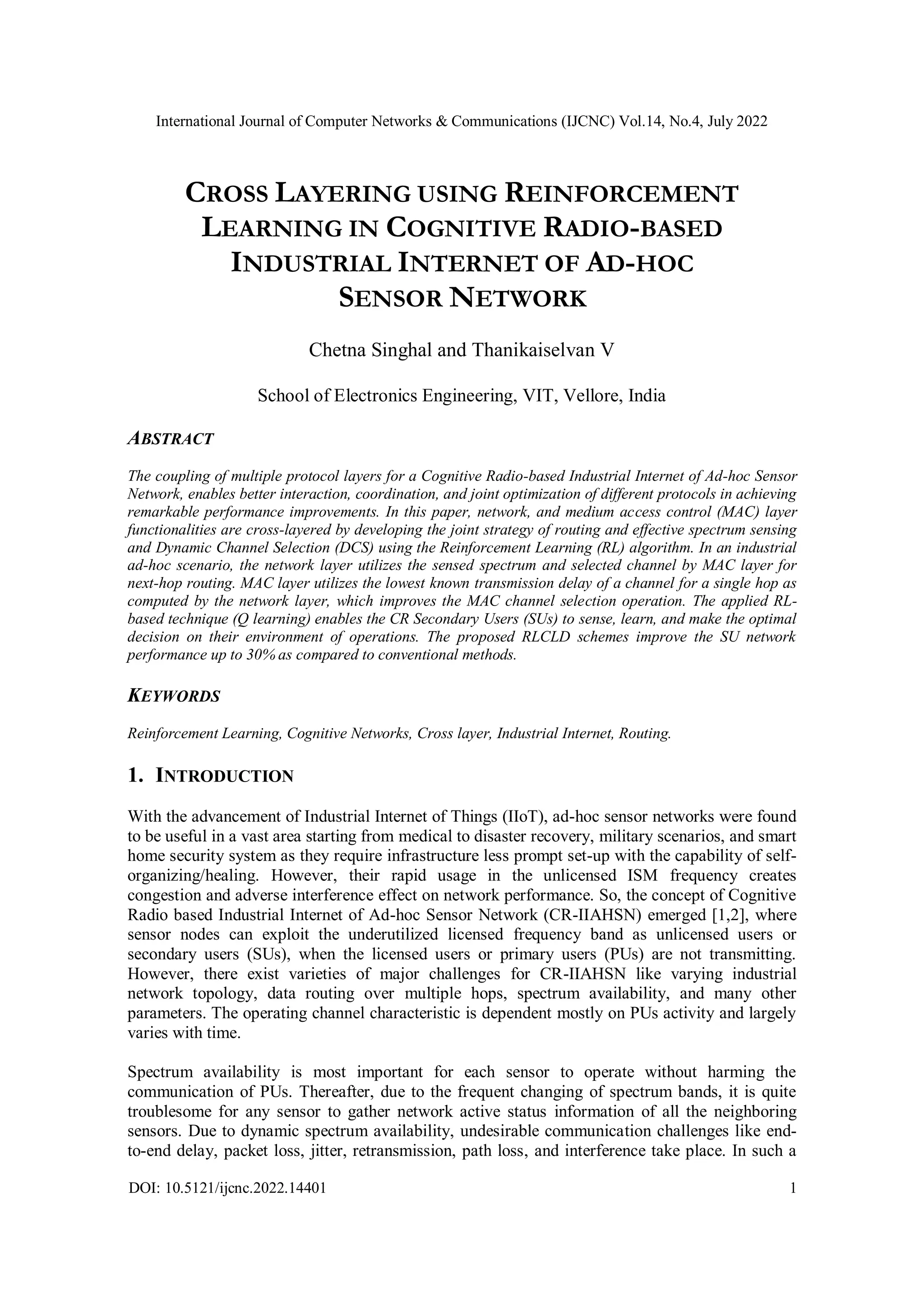 Cross Layering Using Reinforcement Learning In Cognitive Radio Based Industrial Internet Of Ad