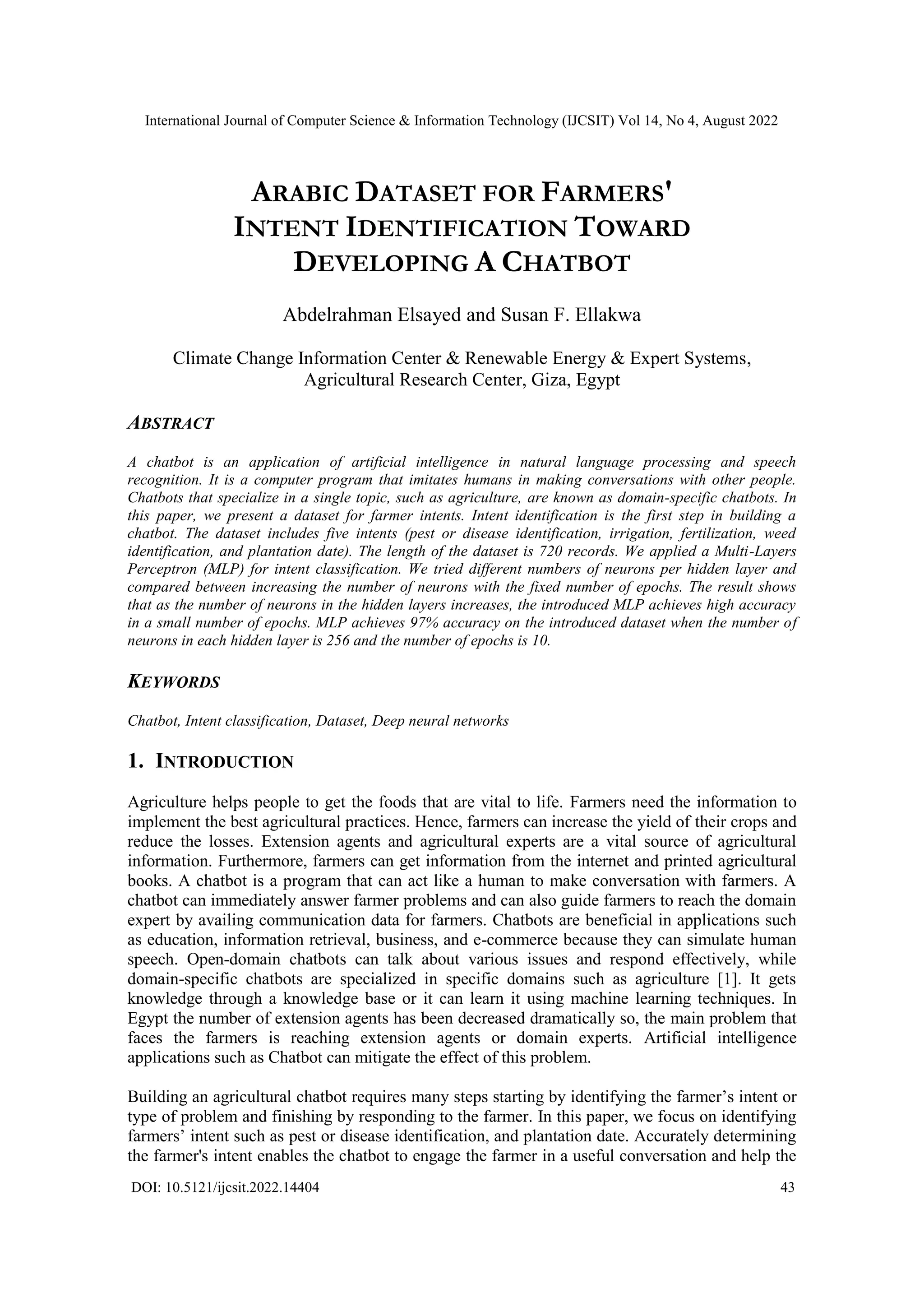 ARABIC DATASET FOR FARMERS' INTENT IDENTIFICATION TOWARD DEVELOPING A ...