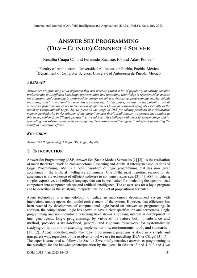 ANSWER SET PROGRAMMING (DLV – CLINGO):CONNECT 4 SOLVER | PDF