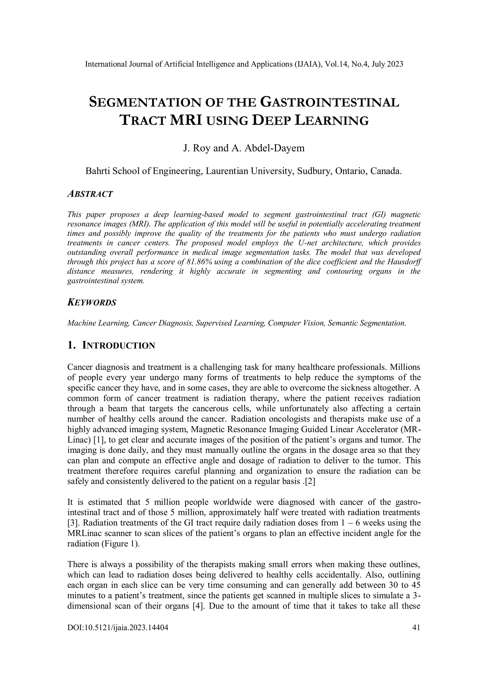 SEGMENTATION OF THE GASTROINTESTINAL TRACT MRI USING DEEP LEARNING | PDF