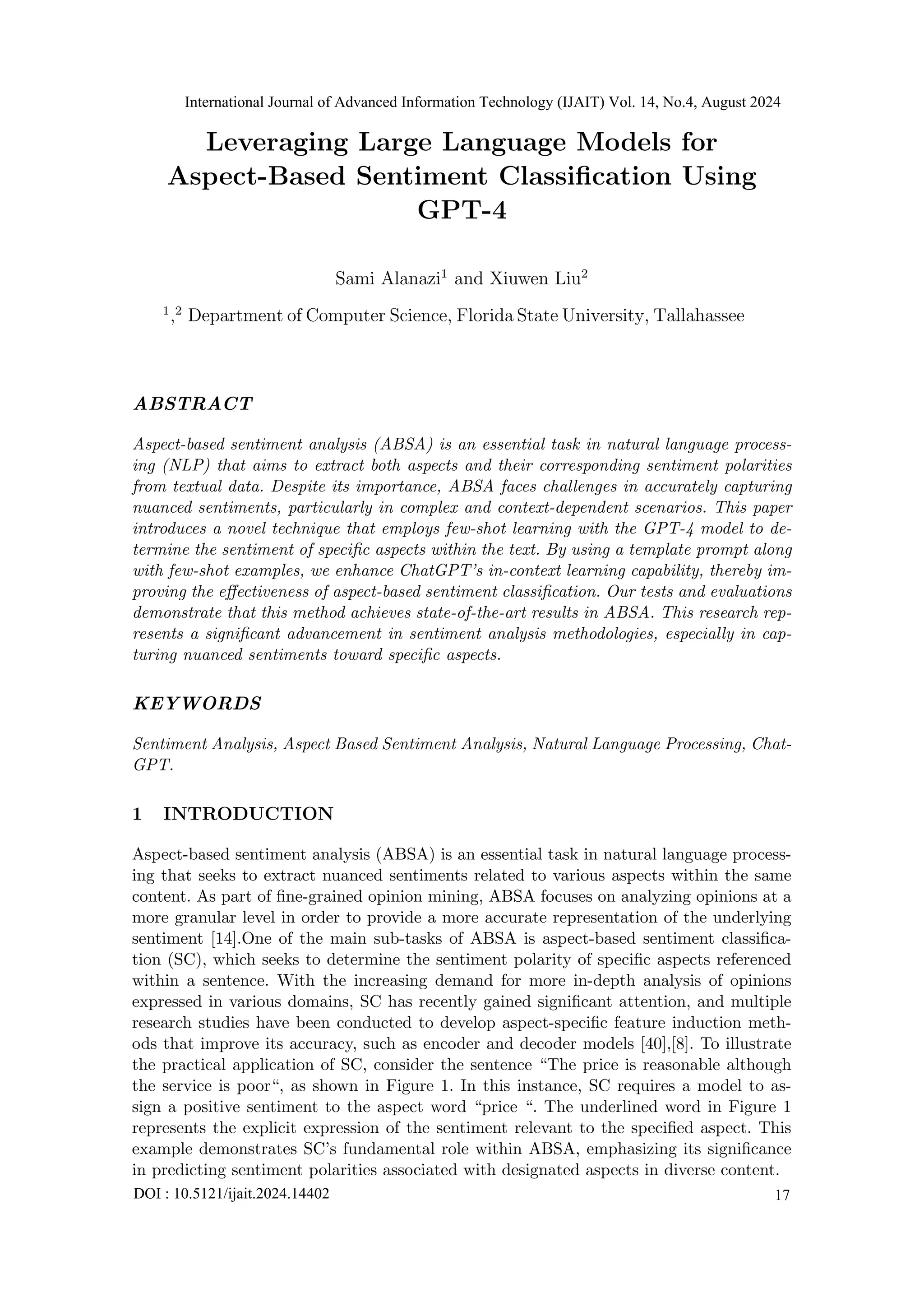 Leveraging Large Language Models For Aspect Based Sentiment Classification Using Gpt 4 Pdf