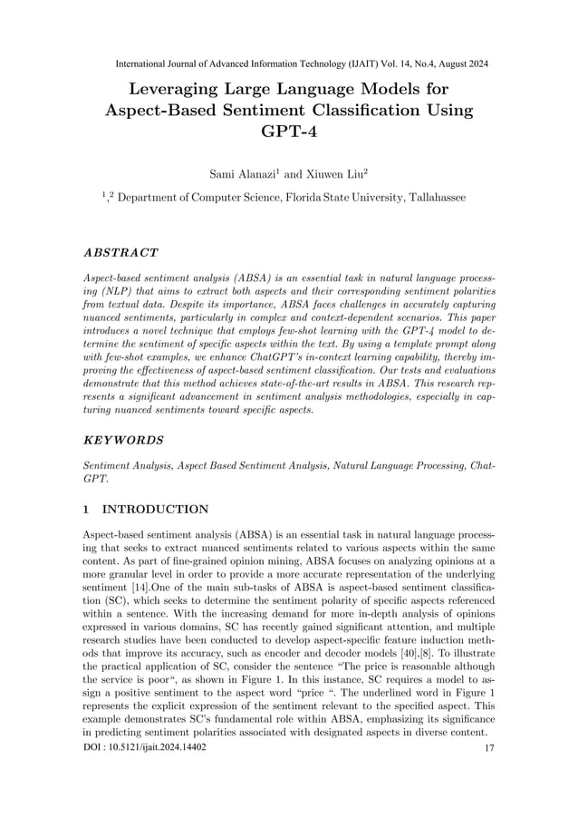 Leveraging Large Language Models for Aspect-Based Sentiment Classification Using GPT-4 | PDF