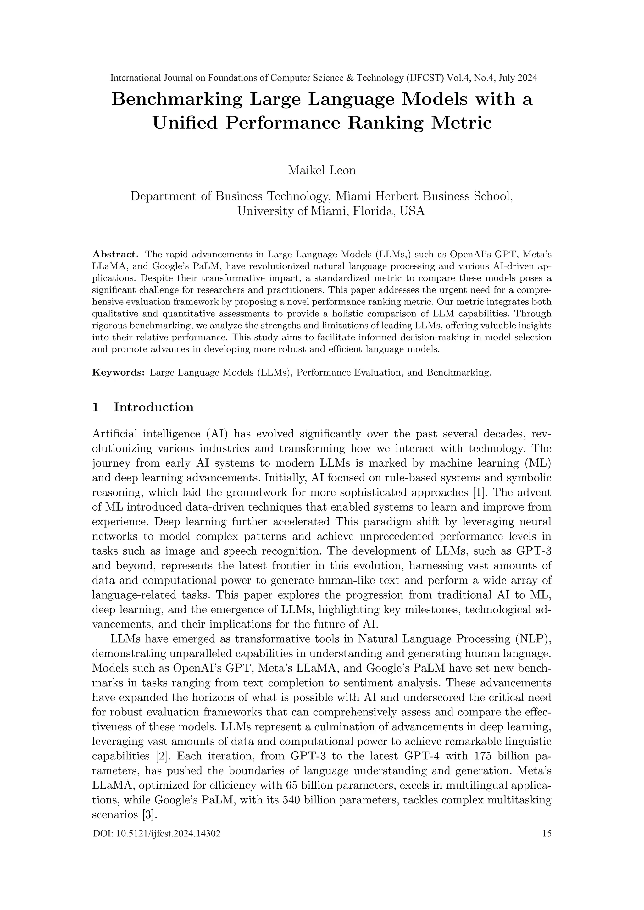 Benchmarking Large Language Models with a Unified Performance Ranking Metric | PDF