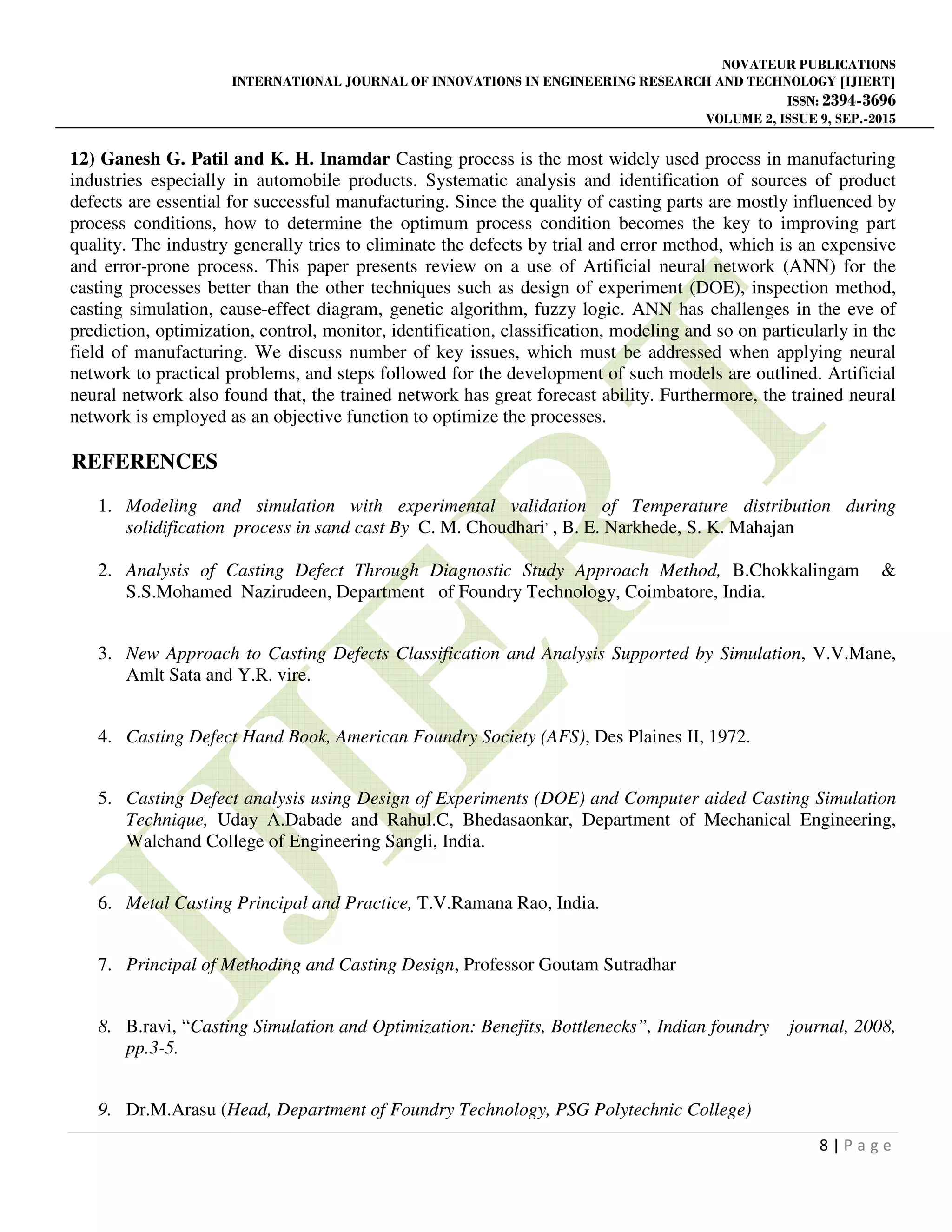 ADVANCED TECHNIQUES IN CASTING DEFECTS AND REJECTION ANALYSIS: A STUDY IN AN INDUSTRY | PDF