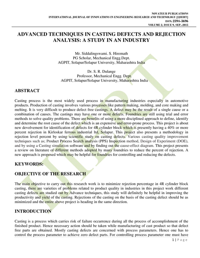 ADVANCED TECHNIQUES IN CASTING DEFECTS AND REJECTION ANALYSIS: A STUDY IN AN INDUSTRY | PDF