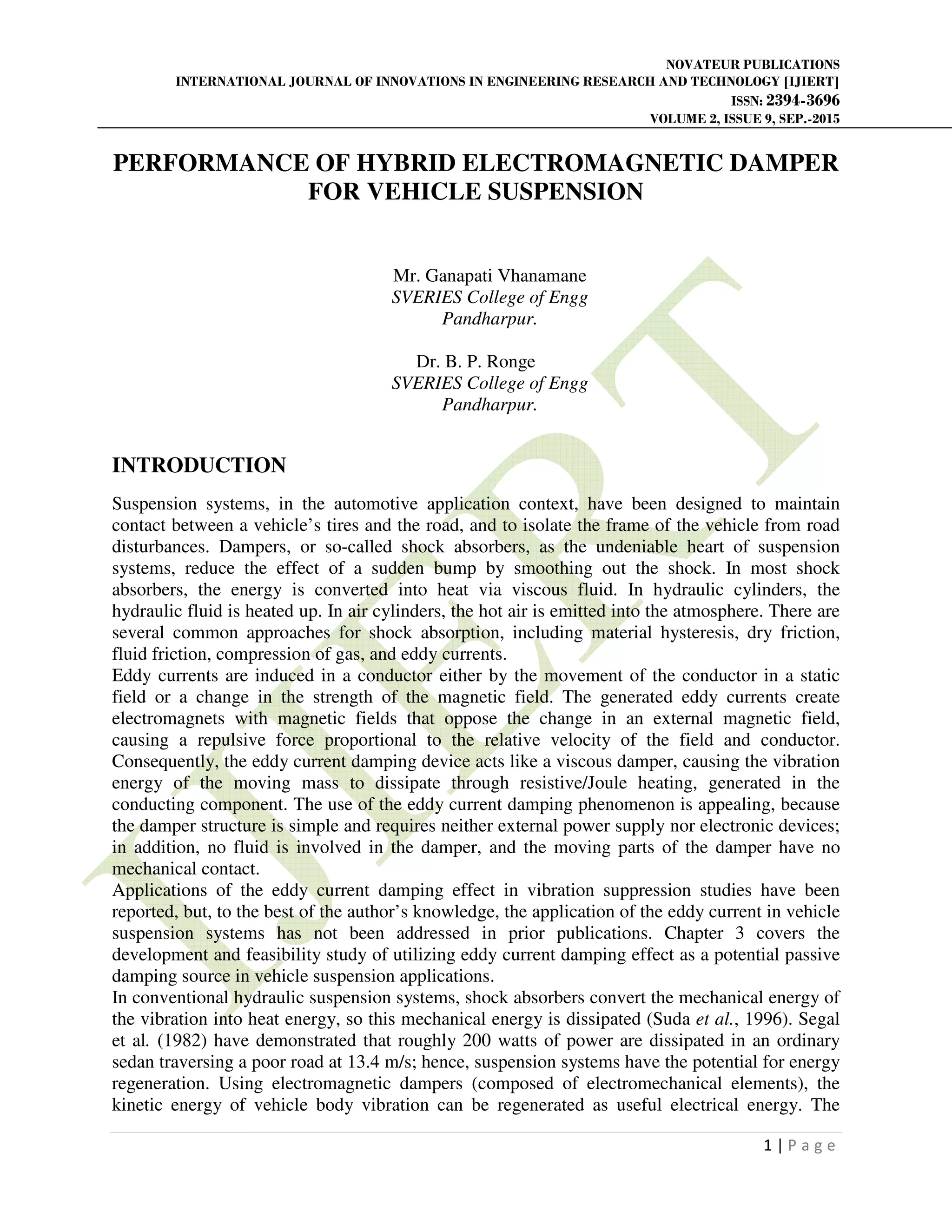 PERFORMANCE OF HYBRID ELECTROMAGNETIC DAMPER FOR VEHICLE SUSPENSION | PDF