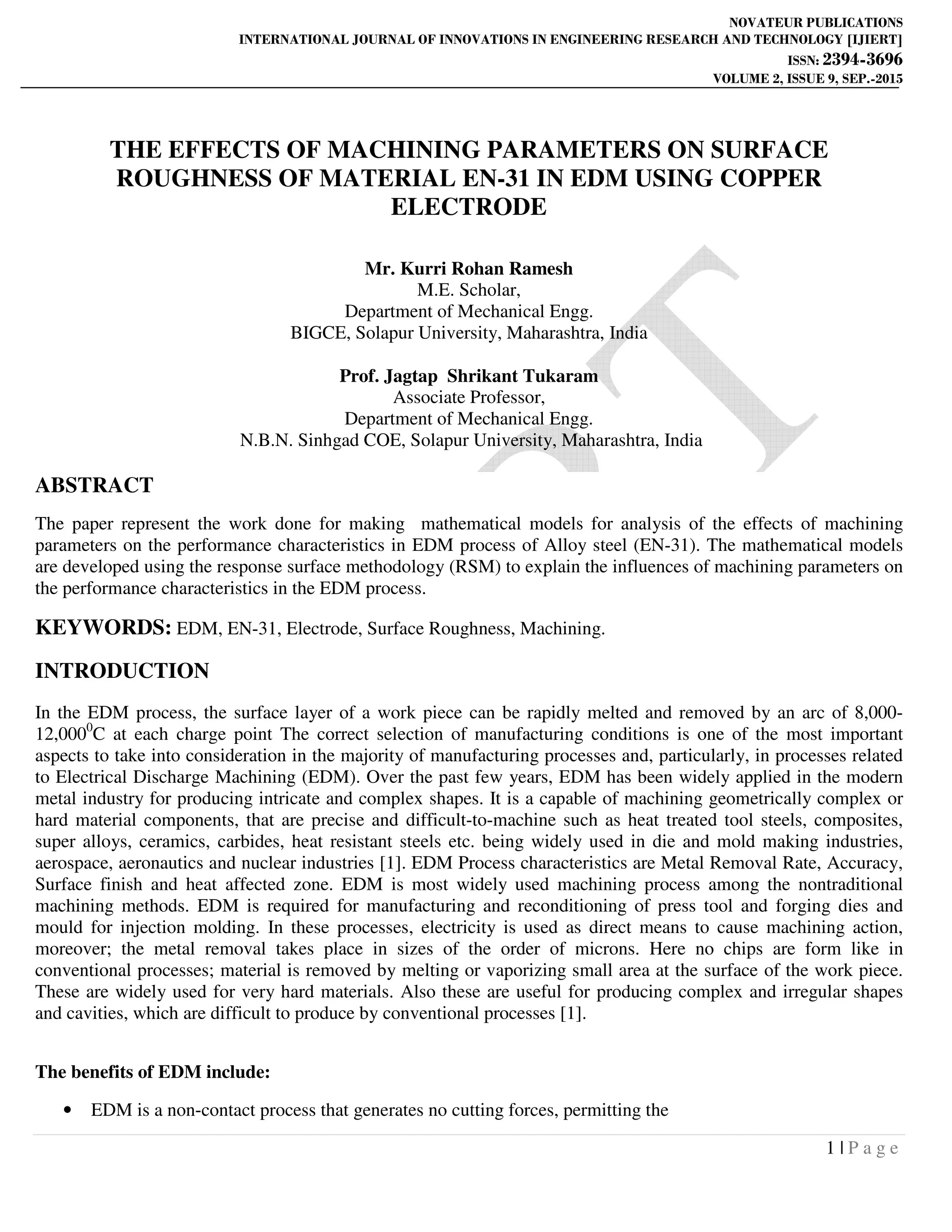 THE EFFECTS OF MACHINING PARAMETERS ON SURFACE ROUGHNESS OF MATERIAL EN-31 IN EDM USING COPPER ...