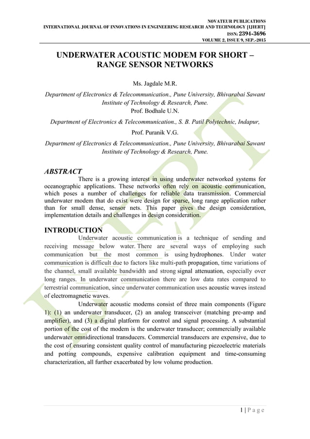 UNDERWATER ACOUSTIC MODEM FOR SHORT –RANGE SENSOR NETWORKS | PDF