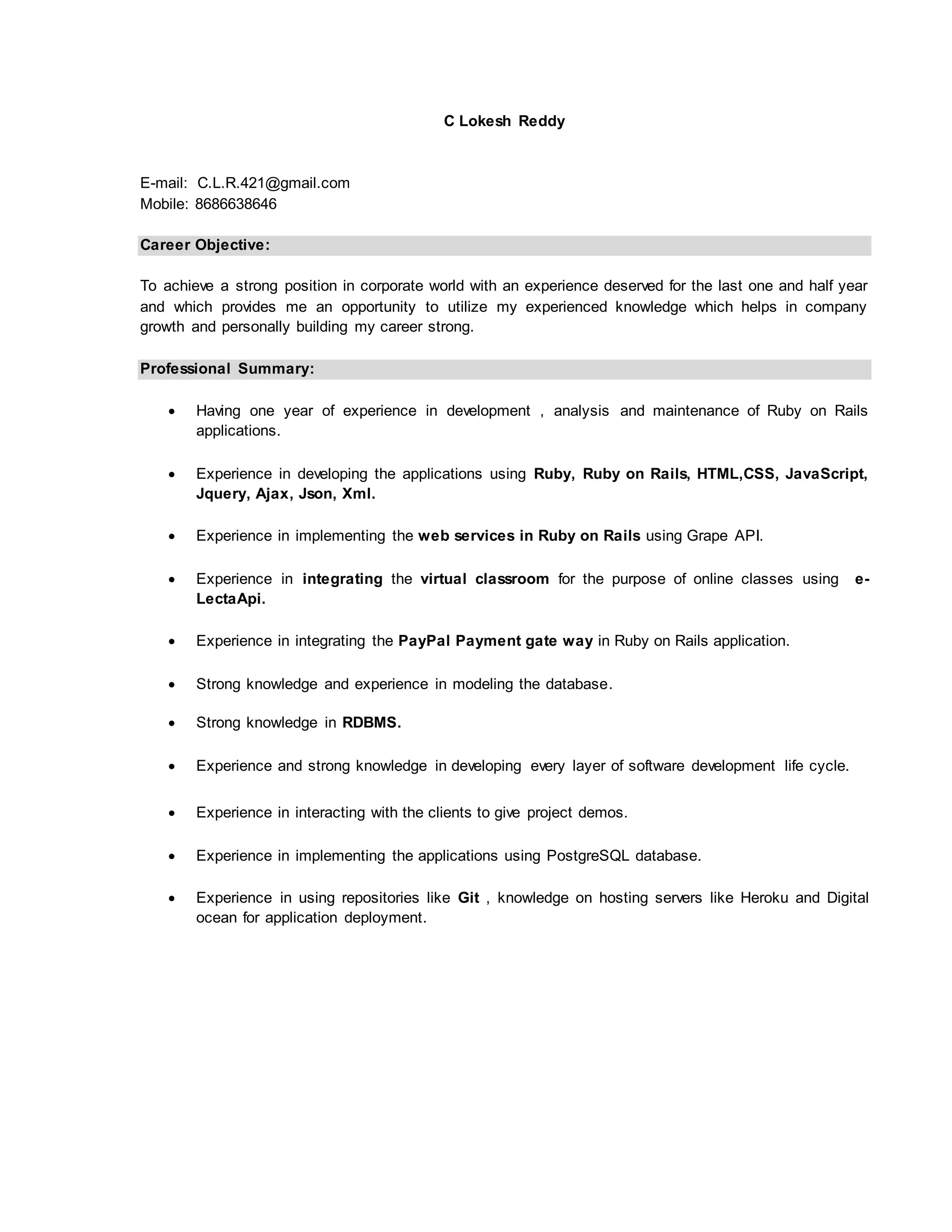 C Lokesh Reddy CV | PDF